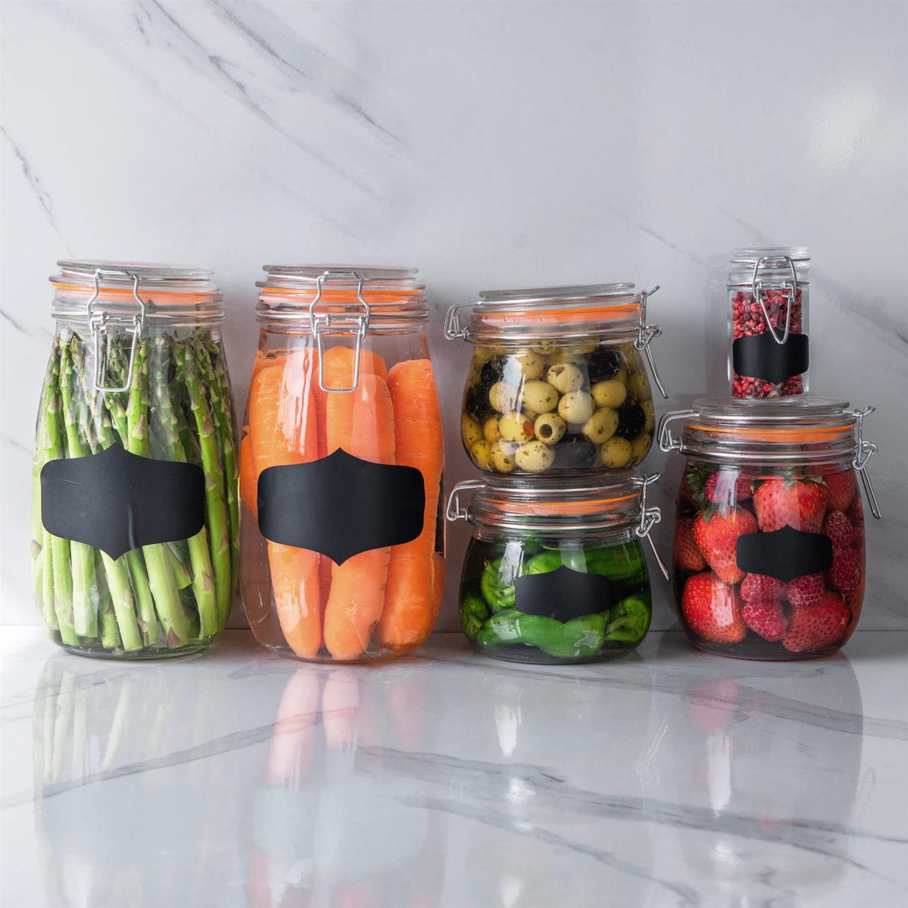 Argon Tableware 6X 1500ml (1.5 Litre) Clear Glass Storage Jars with Orange Airtight Silicone Seal and Metal Clip Lids - 50.7oz Large Empty Kitchen Containers
