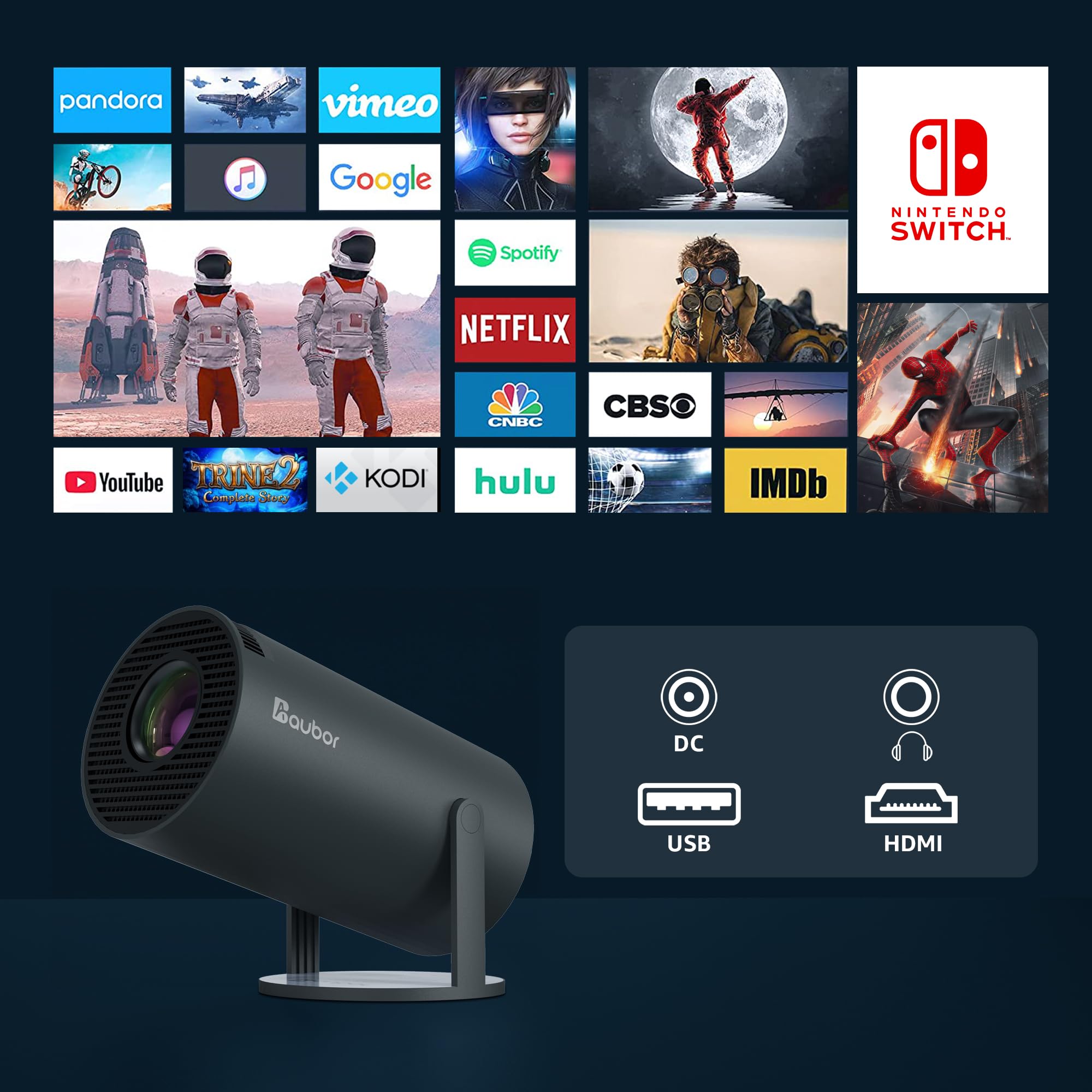 aubor Mini Projector with Android TV 11.0, Support 1080P Smart Portable Projector with 5G WiFi and Bluetooth, 10000 Lumen,Auto Keystone Correction, Premium 360 Sound, 40"-130" Screen Video Projector