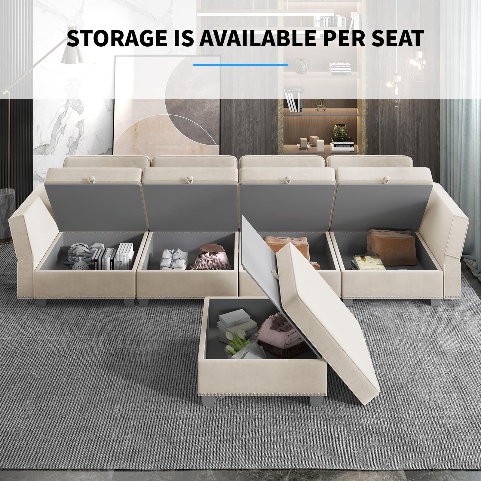PUREMIND Modular Sectional Sofa with Reversible Storage Ottoman, Convertible U Shaped Couch with Adjustable Armrest & Backrest, Velvet Dark Grey 6 Seater L Shaped Sofa Sleeper for Living Room