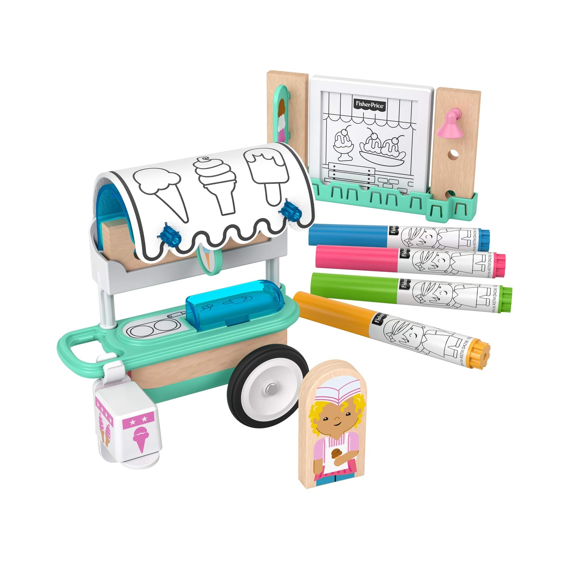 Fisher-Price Wonder Makers design system Ice Cream Cart, 15+ pieces, craftable building and track set with colorable pieces for preschool kids ages 3 years & up