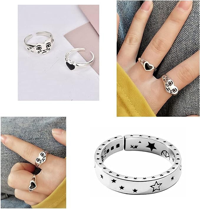 Aogrzun 16 Pcs Cool Silver Plated Frog Open Rings Set, Vintage Matching Rings, Cute and Stylish, Snake, Hug, Moon and Sun Rings for Couples for Women Men