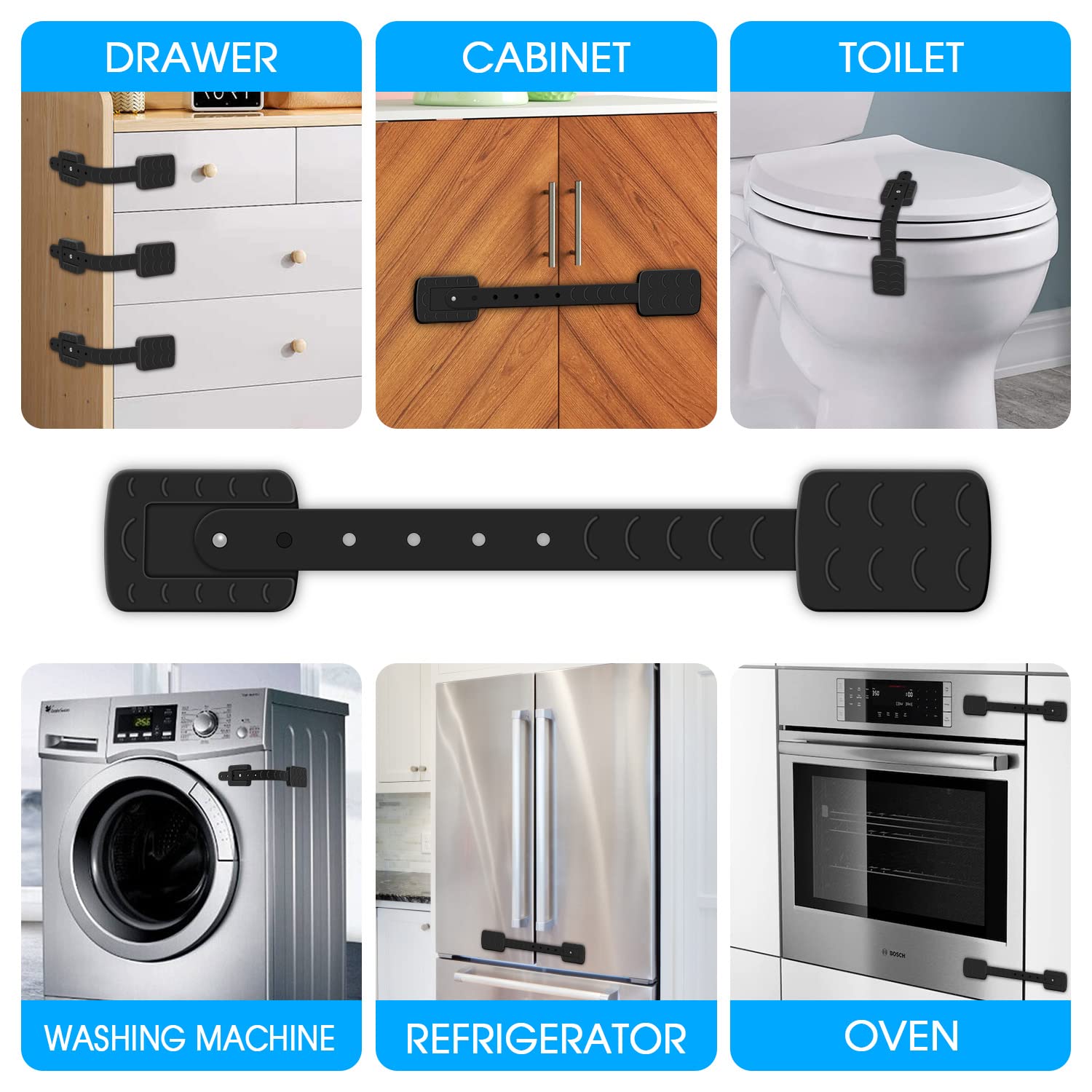 Baby Locks for Drawers(10 Pack) Safety Strap Locks Multi-Use Adhesive Straps Locks,for Cabinets and Drawers,Fridge,Oven,Toilet,Flexible Adjustable No Drilling Required Easy Installation-Black