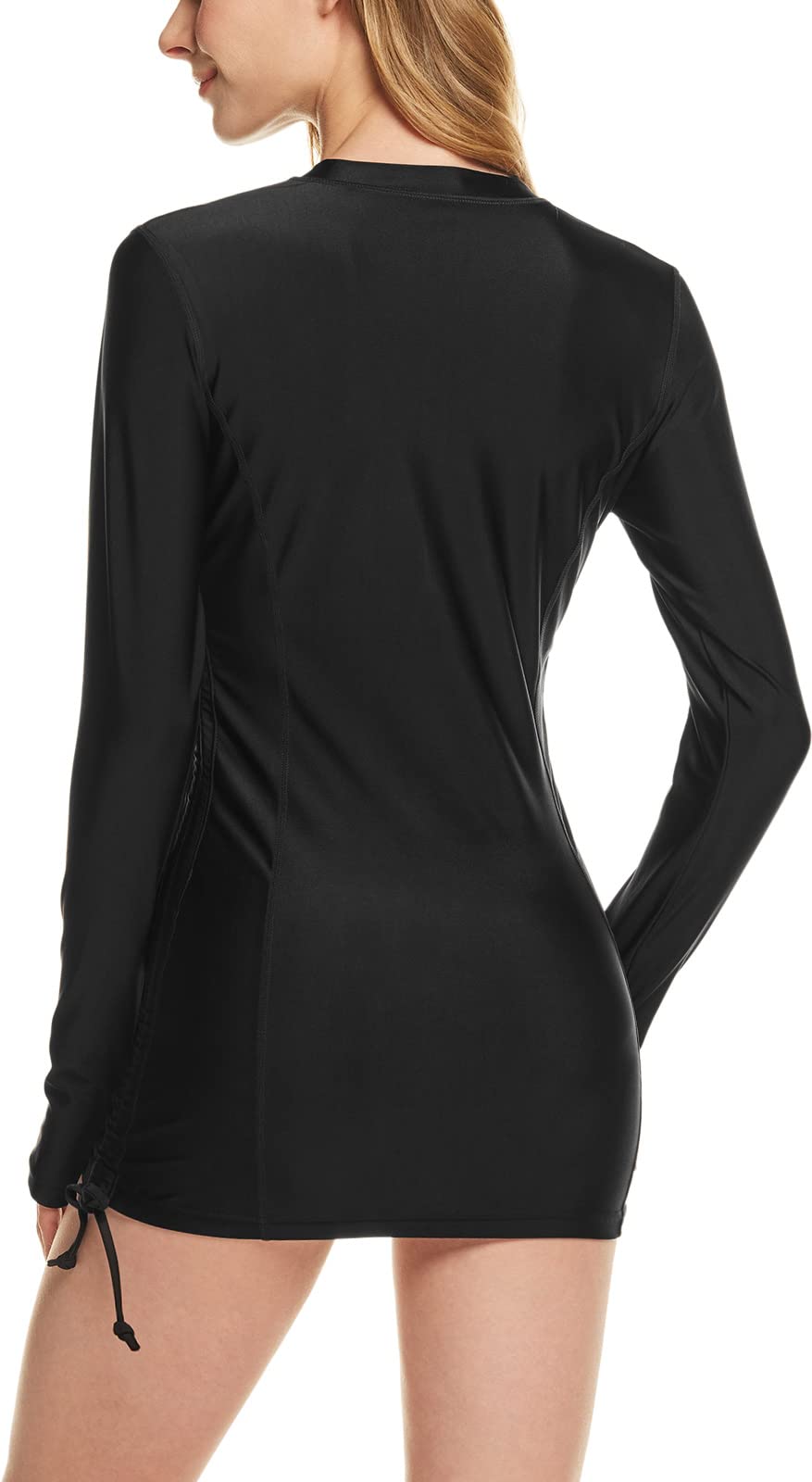ATHLIO Women's Half-Zip Front Rash Guard, UPF 50+ Side Adjustable Long Sleeve Swim Shirts, UV/Sun Protection Swimsuit Top, Half Zip Rashguard Black, Medium