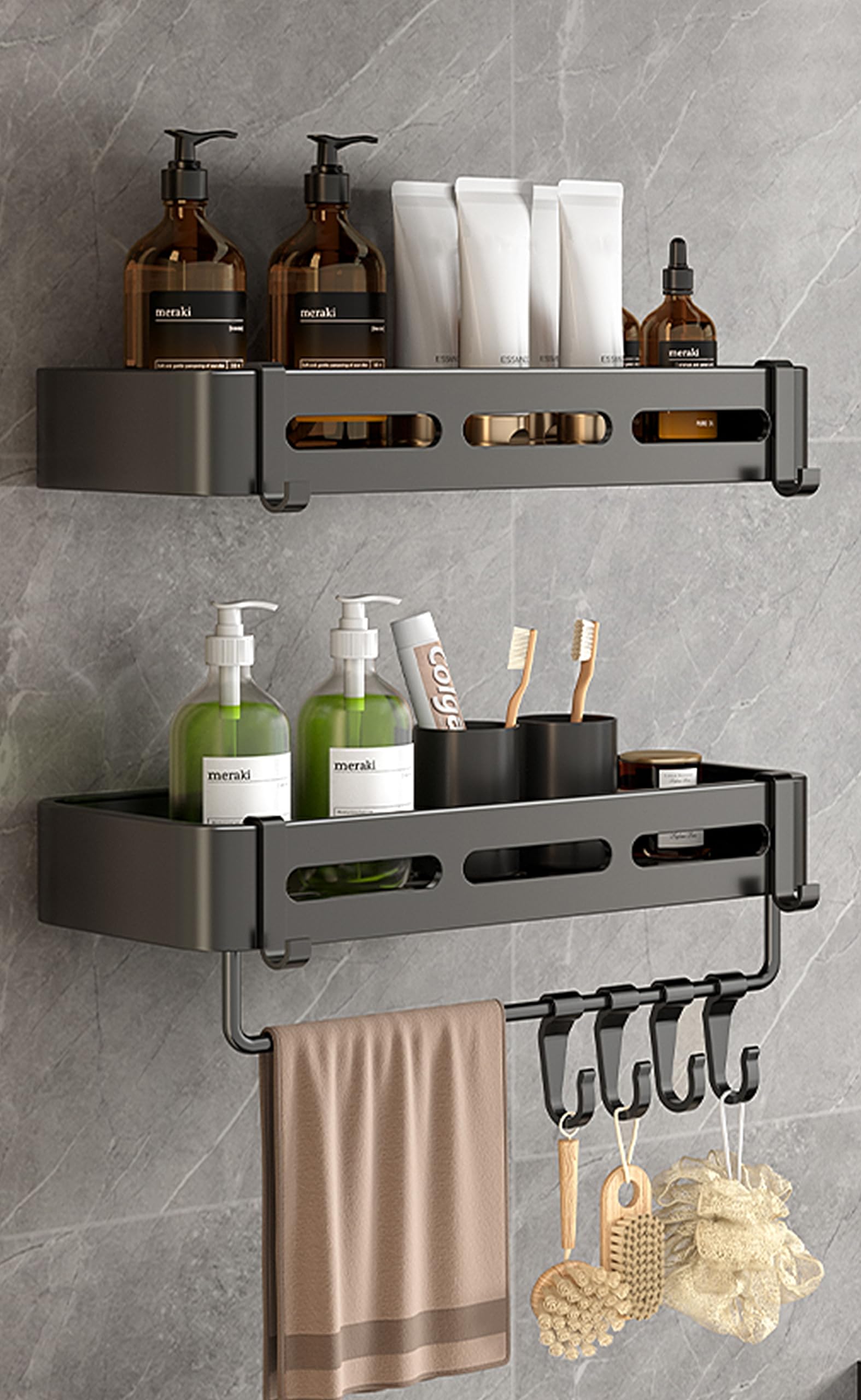 Black Shower Caddy Shelf Organizer, Bathroom Shower Storage Organizers, Large Capacity Adhesive Shower Rack 2 Pack with 8 hooks 1 towel rack