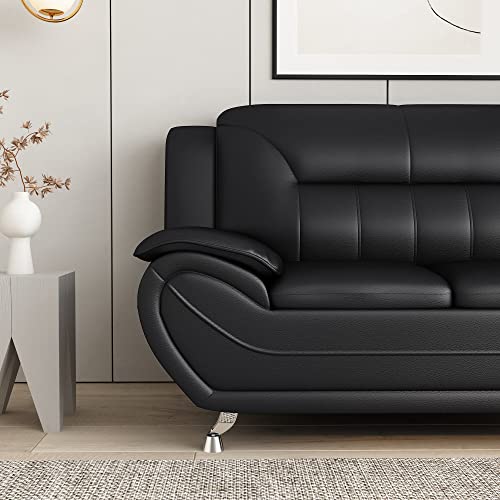 Container Furniture Direct Michael Modern Faux Leather Upholstered Stainless Steel Legs Living Room Loveseat, Black