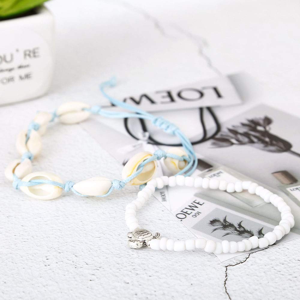 Aluinn Boho Turtle Layered Shell Anklet Set Silver Ankle Bracelets Beaded Foot Chain Beach Foot Jewelry Accessories for Women summer gifts