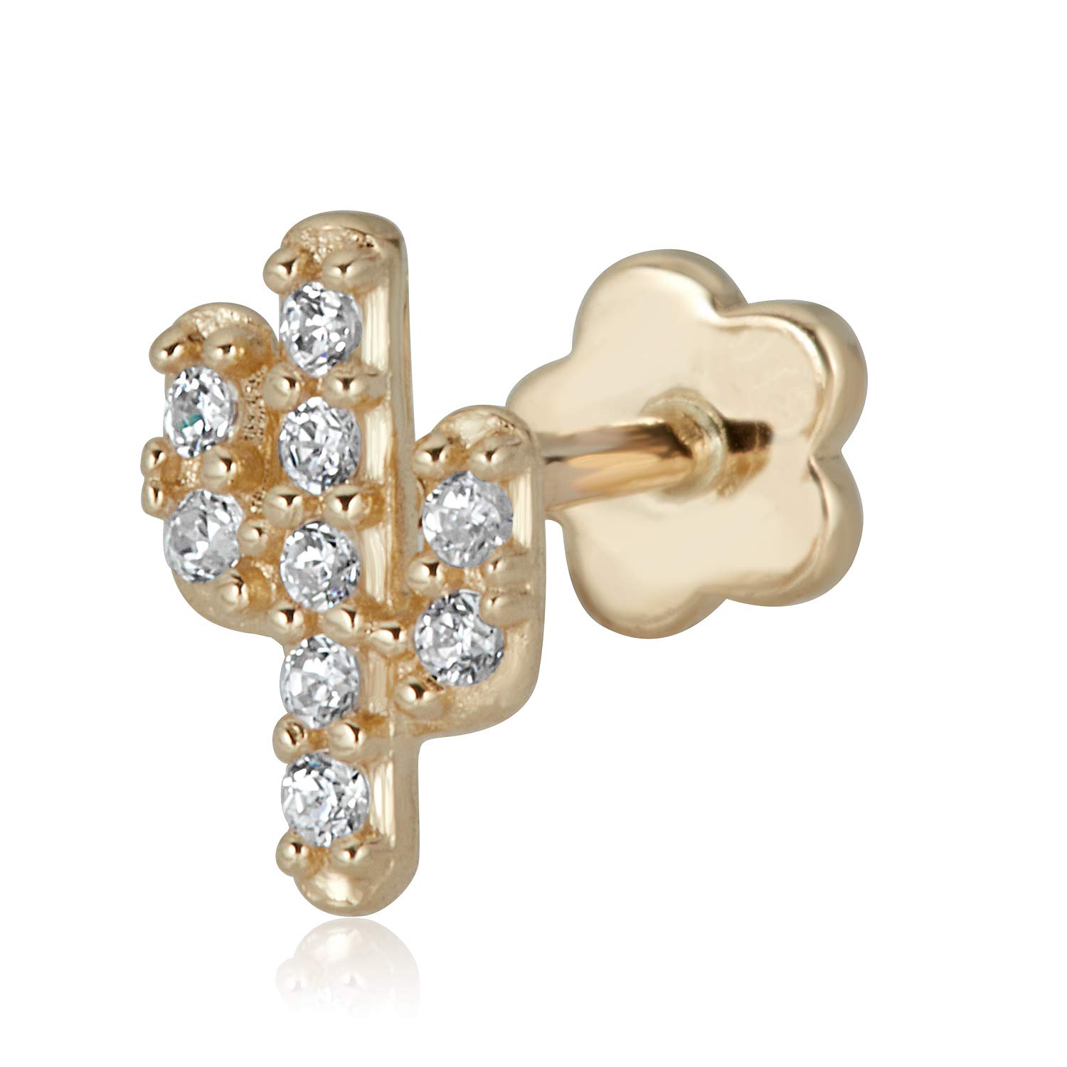 AVORA 14K Yellow Gold Simulated Diamond CZ Cactus Cartilage Piercing Flat Back Earring Body Jewelry (18 Gauge)