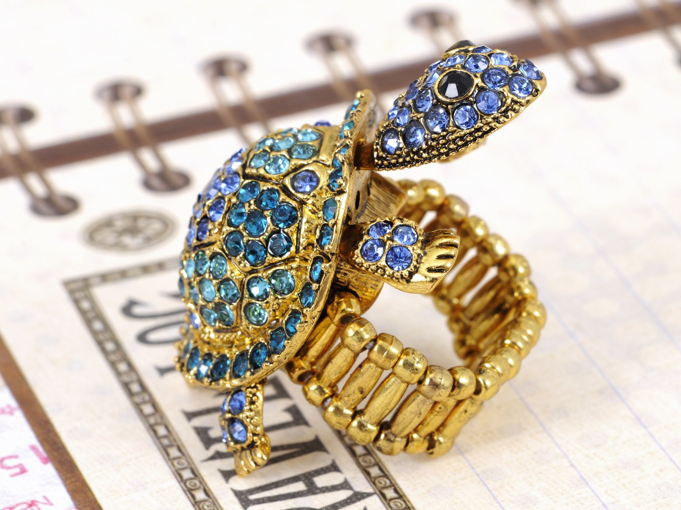 Alilang Golden Tone Shine Sapphire Blue Rhinestones Turtle Tortoise Adjustable Ring