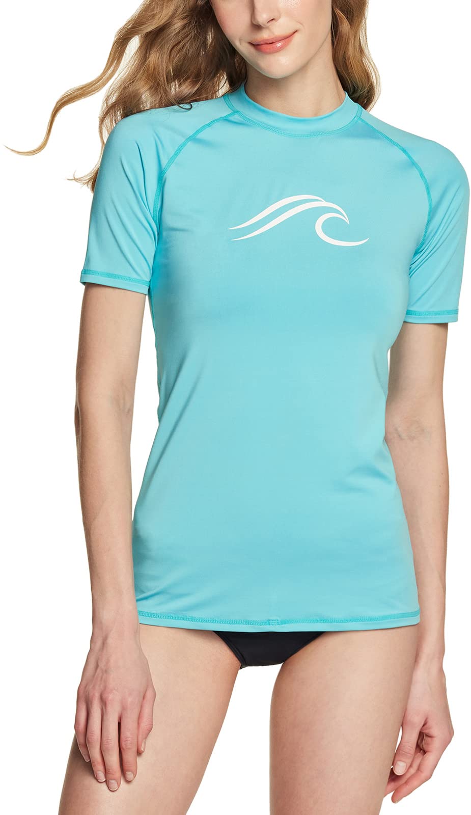 ATHLIO Women's UPF 50+ Rash Guard, Short Sleeve Surfing Swimsuit Top, UV/SPF Active Water Beach Swim Shirts, Wave Aqua, X-Large