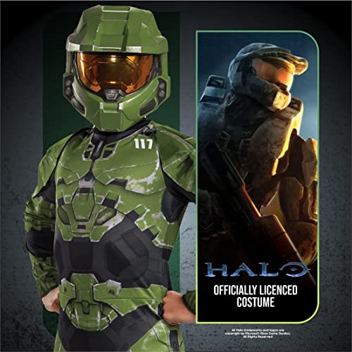 Halo Infinite Master Chief Costume, Kids Size Video Game Inspired Character Jumpsuit, Classic Child Size Large (10-12), Green & Black