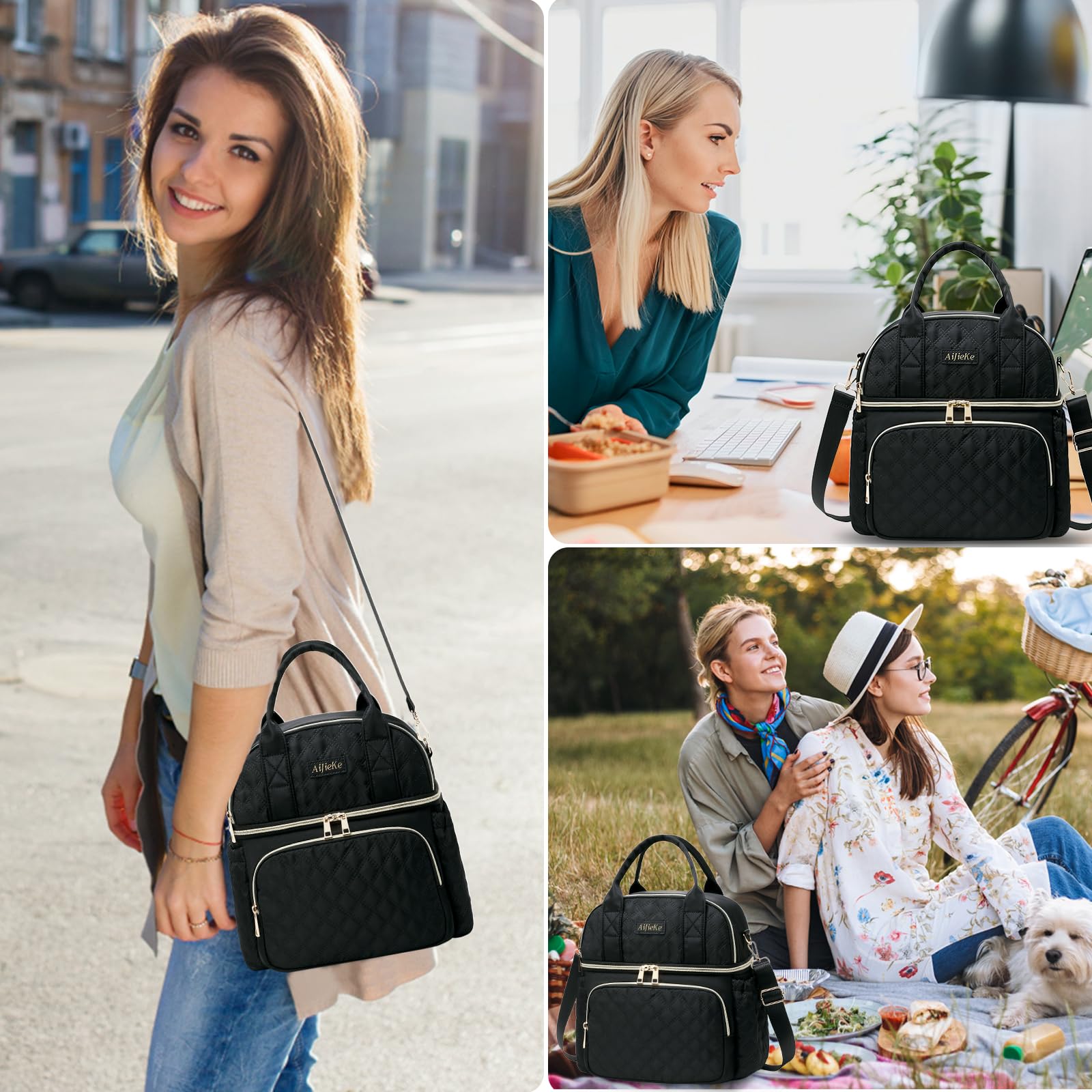 AIJIEKE Lunch Bag for Men Women, Dual Compartment Lunch Box Insulated Lunch Bags, Large Adult Double Deck Leak Proof Lunch Tote Cooler with Adjustable Shoulder Strap for Work Picnic Beach, Black