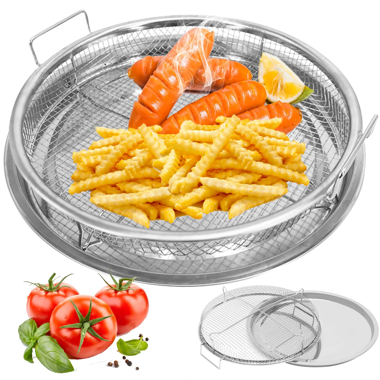 Air Fryer Basket for Oven,2 Pieces Set Round Silver 12'' Non-stick Stainless Steel Mesh Air Fryer Baking Tray Accessories Rack Roasting Grill Basket for Convection Oven Air Fryer, Dishwasher Safe