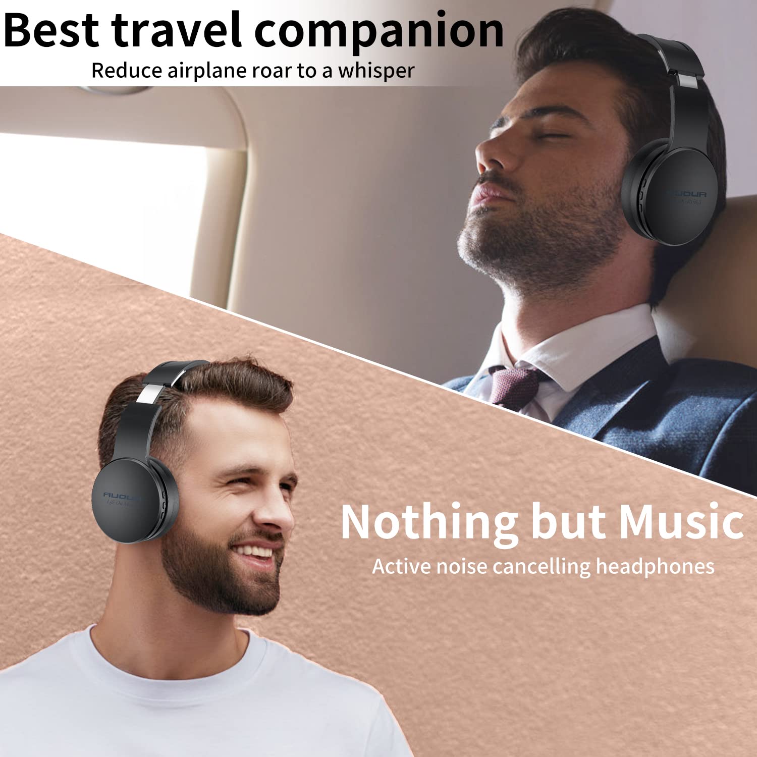 AUOUA Life On Music Active Noise Canceling Headphones Wireless Bluetooth, Over Ear Headset with Microphone for PC,TV,Cell Phone,Laptop,Black