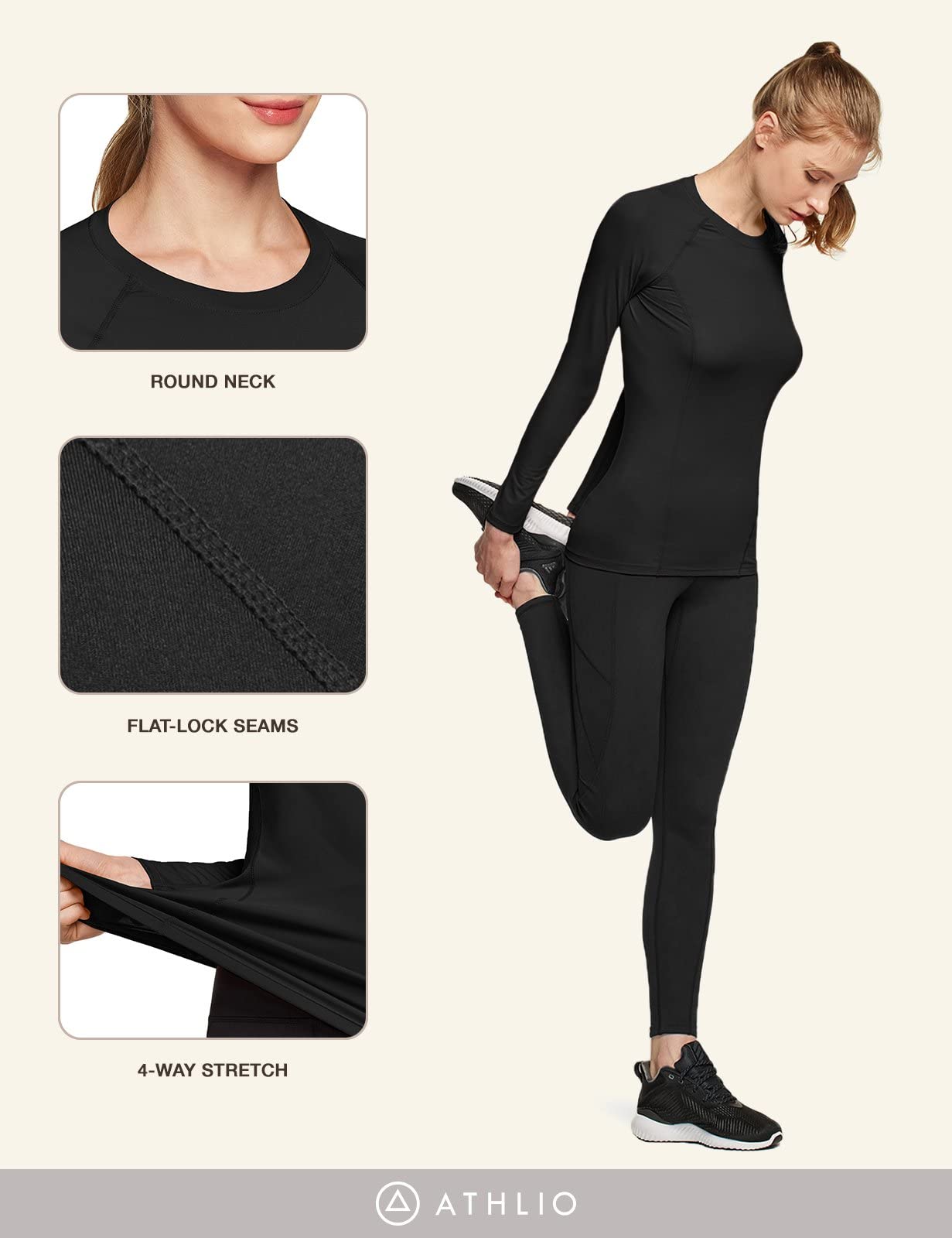 ATHLIO Women's Sports Compression Shirt, Cool Dry Fit Long Sleeve Workout Tops, Athletic Exercise Gym Yoga Shirts, 2pack Black/Red, Large