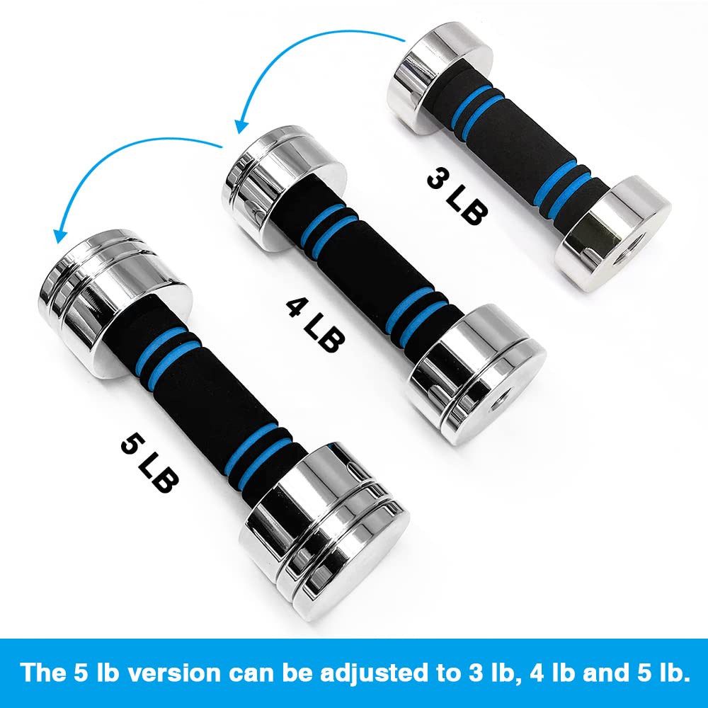 Hand Weight Set of 2 for Women 5lb Pair (3lb/4lb/5lb) Adjustable Dumbbells with Foam Handles Chrome Home Exercise Gym Workout (Standard-Finish 5lb×2)
