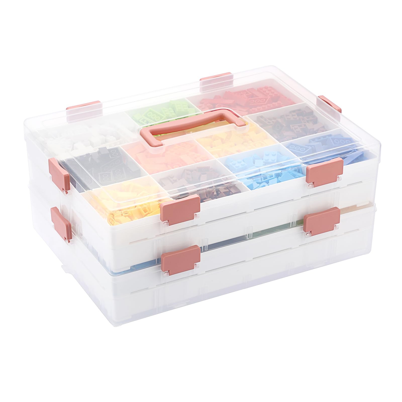 BTSKY 2 Layer Clear Dividing Storage Box with 1 Lid 4 Tier Plastic Accessories Organizer Box with Fixed 36+11 Grids Tray Portable Craft Supplies Sorting Storage Box for Beads, Button, Hardware, Pink