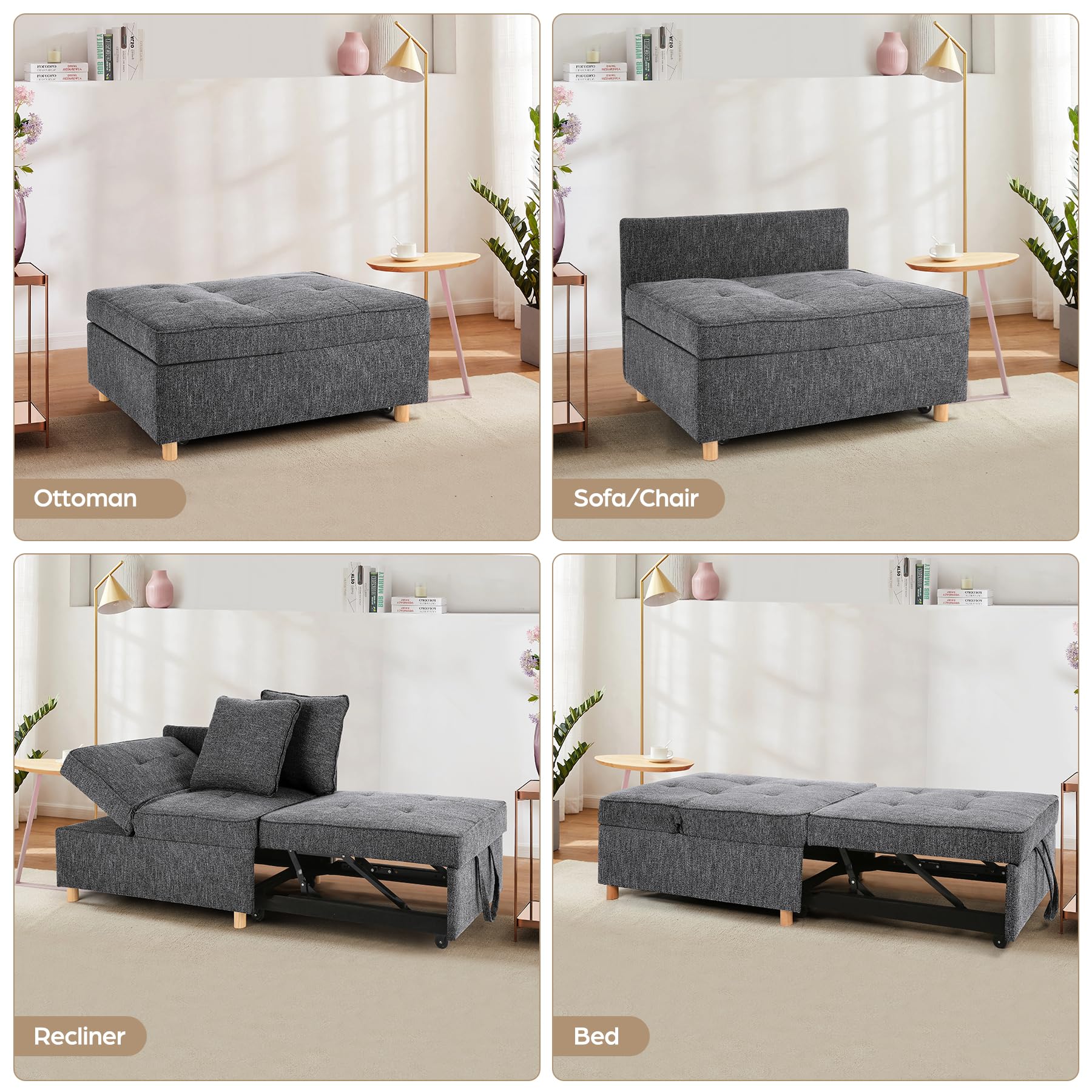 SEJOV Sofa Bed, 4-in-1 Convertible Sleeper Sofa, Pull Out Couch with 3 Seater, Sofa Chair with 5 Adjustable Backrests, 71โโ Linen Couch with 2 Pillow, Loveseat for Living Room, Yellow