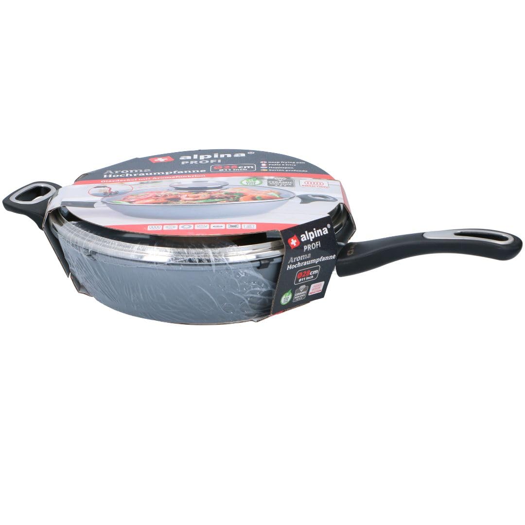 alpina Casserole – Diameter 28 cm – Frying Pan with Glass Lid – Non-Stick Coating – All Hob Types – Aluminium