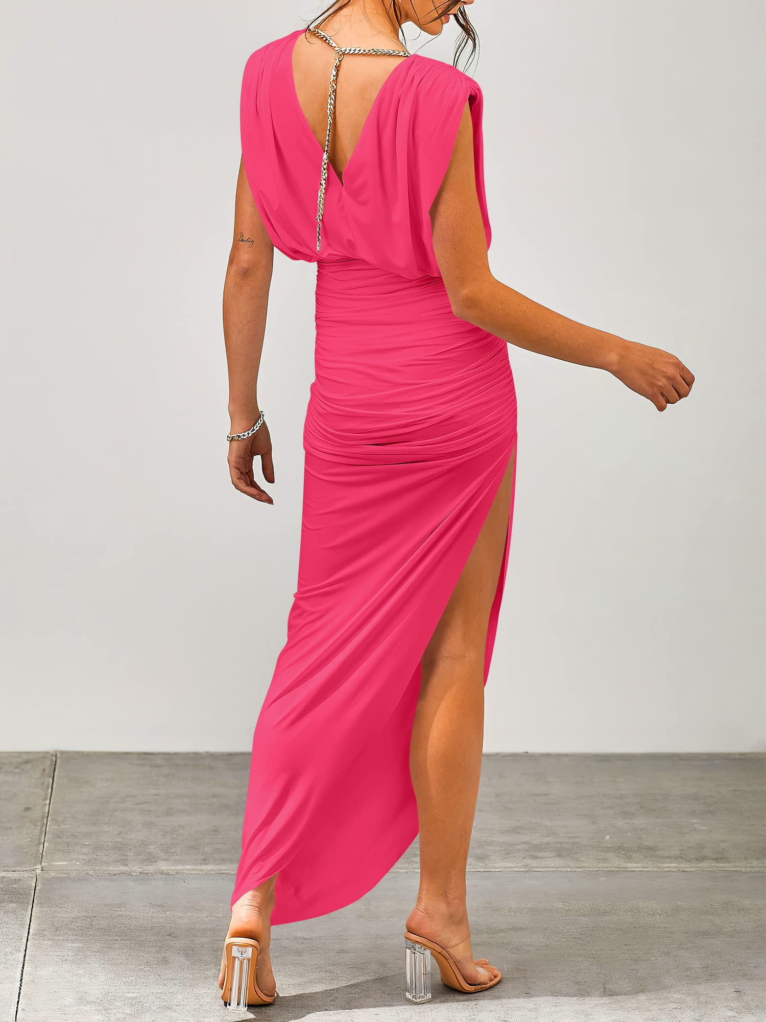 ANRABESS Women 2023 Summer Sleeveless Ruch Bodycon High Waist Asymmetric Slit Cocktail Maxi Dress Black Medium