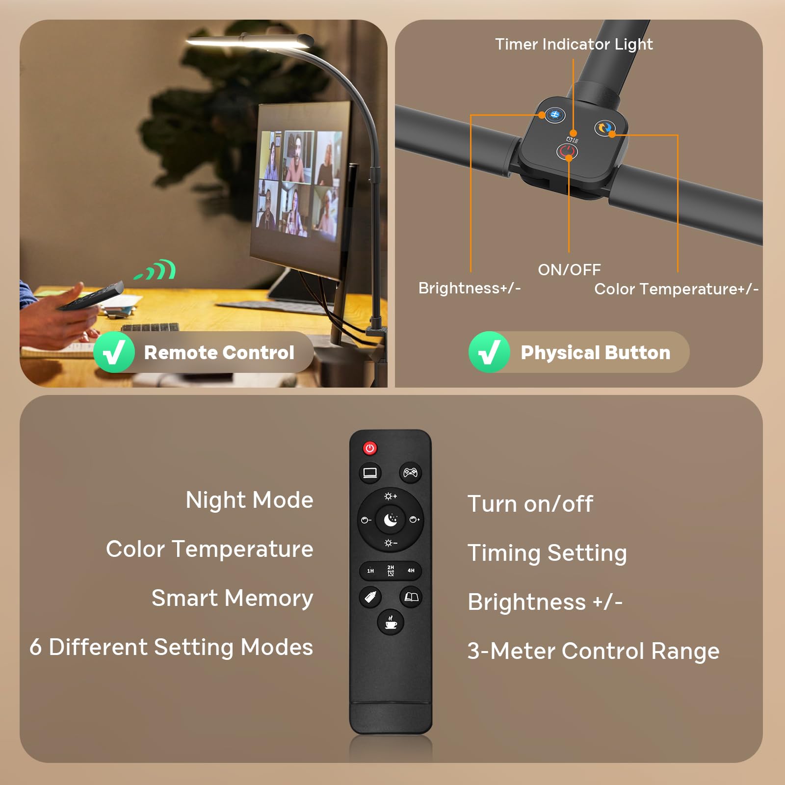 APMIEK LED Desk Lamp for Home Office, 24W Remote Control Computer Desk Light Bright Desktop Lamp Multi Lighting Modes Dimmable Clamp Desk Lighting for Work with Adjustable Gooseneck, Double Head,Black