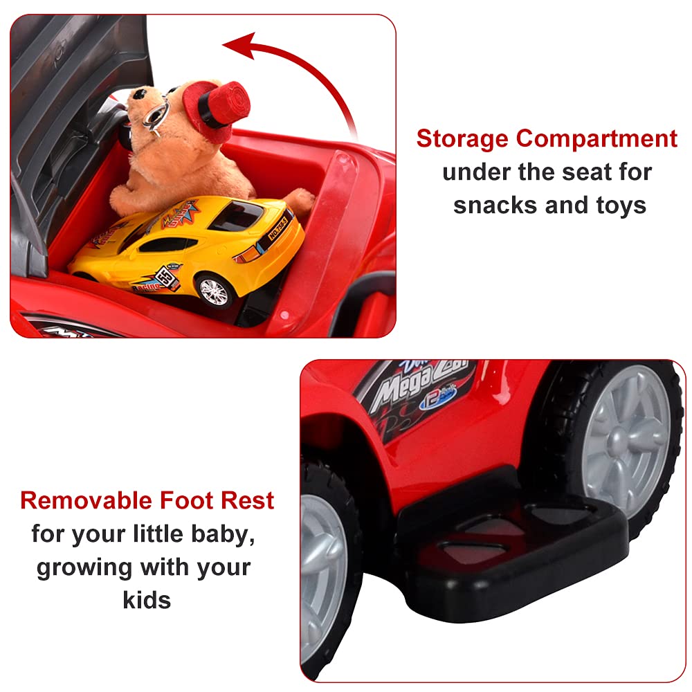ChromeWheels 3 in 1 Ride on Toys Pushing Car with Removable Sun Visor, Mega Car for Toddlers w/Handle & Horn & Music, Color Red