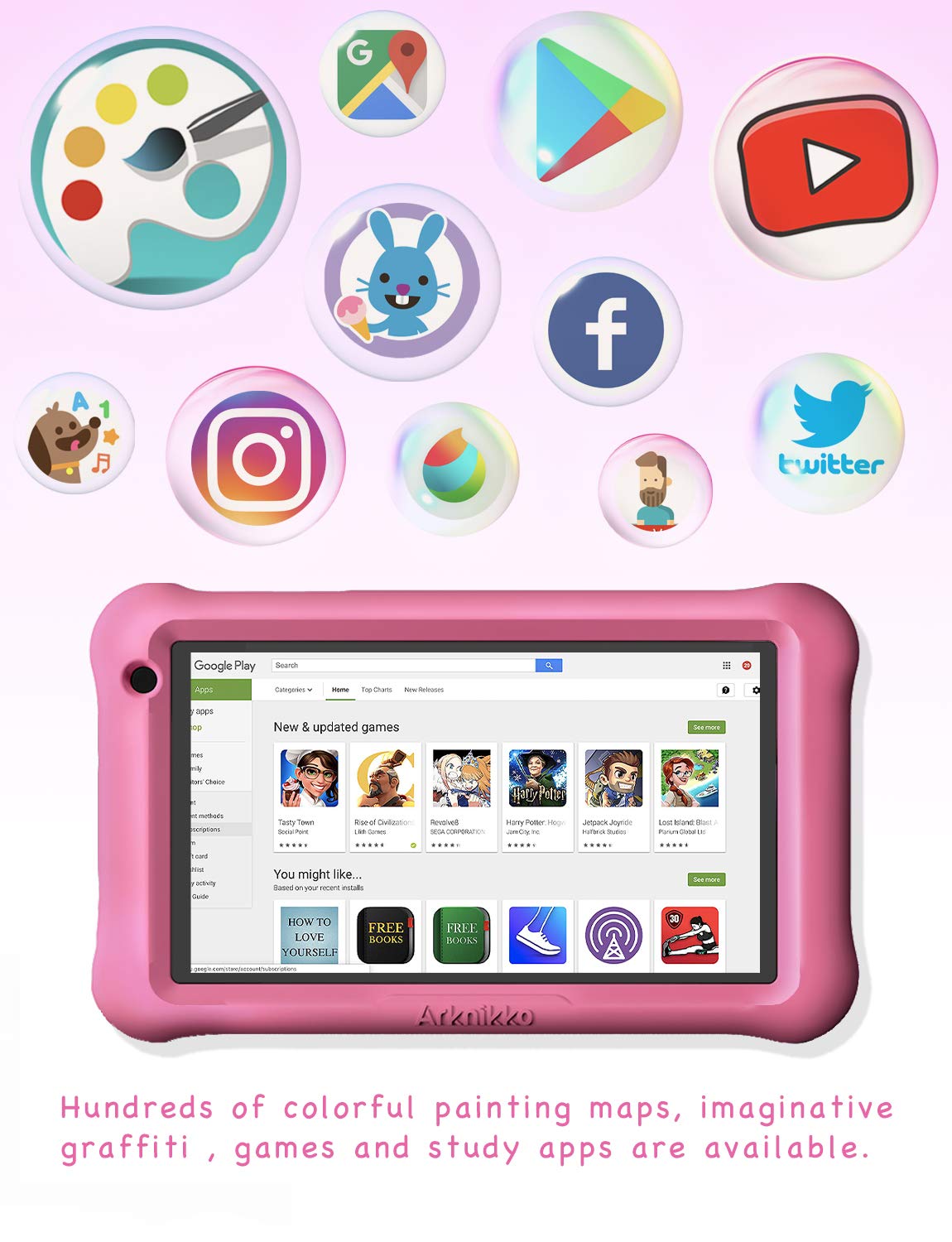 ARKNIKKO Kids Tablet,Tablet for Kids 7” HD - WiFi Dual Camera 32GB ROM Android 10, IPS HD Touch Screen, KIDOZ Pre-Installed, Parental Control Mode, 360°Adjustable Bracket, Kid-Proof Case