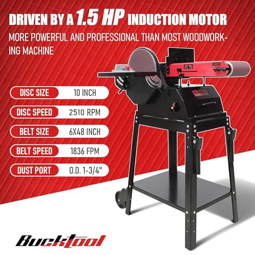 BUCKTOOL Powerful 1-1/2 HP Bench Belt Sander for Wood Working 6 in. x 48 in. Belt and 10 in. Disc Sander with Movable Stand BD61000