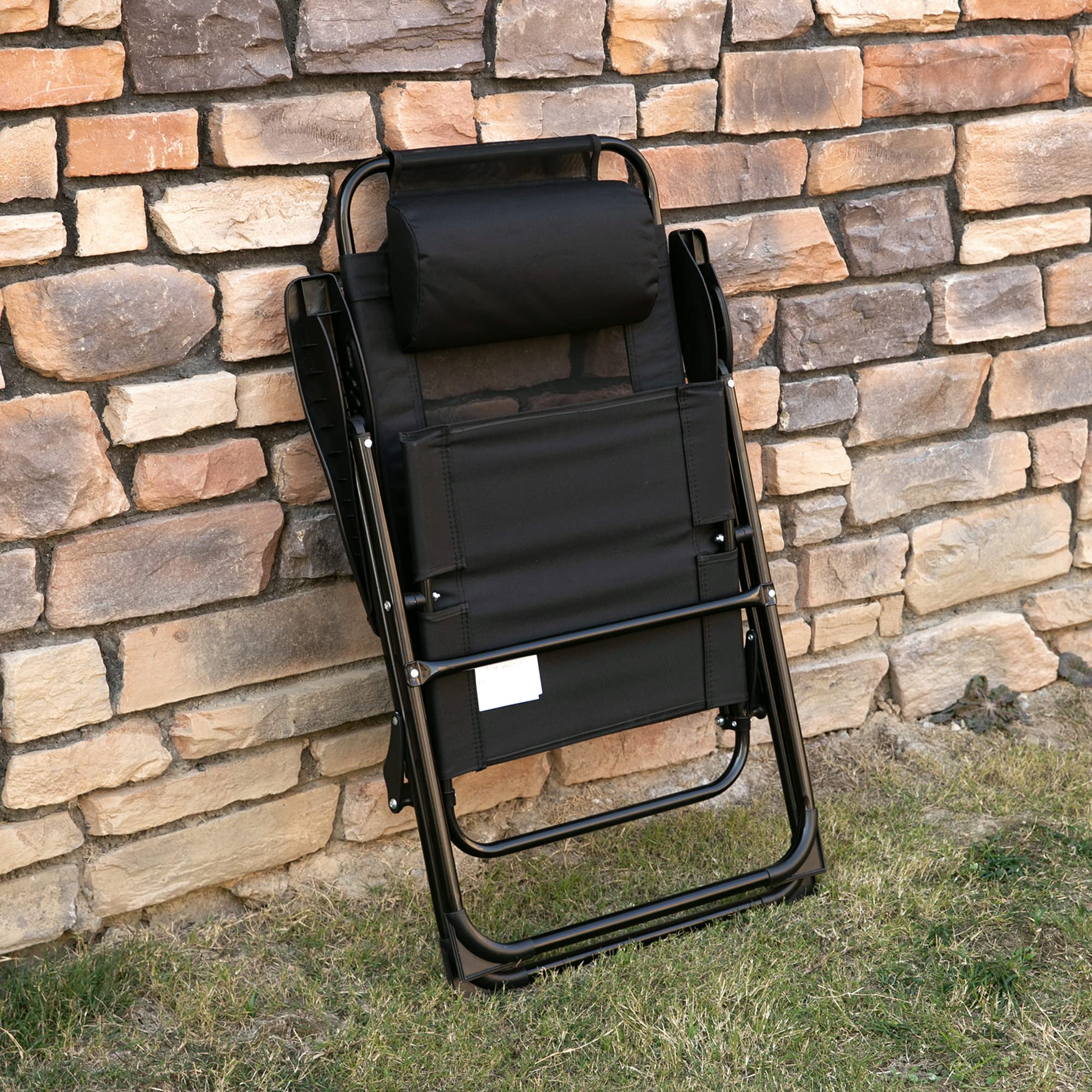 Outsunny Folding Patio Chairs Set of 2, Outdoor Deck Chair with Adjustable Sling Back, Camping Chair with Removable Headrest for Garden, Backyard, Lawn, Black