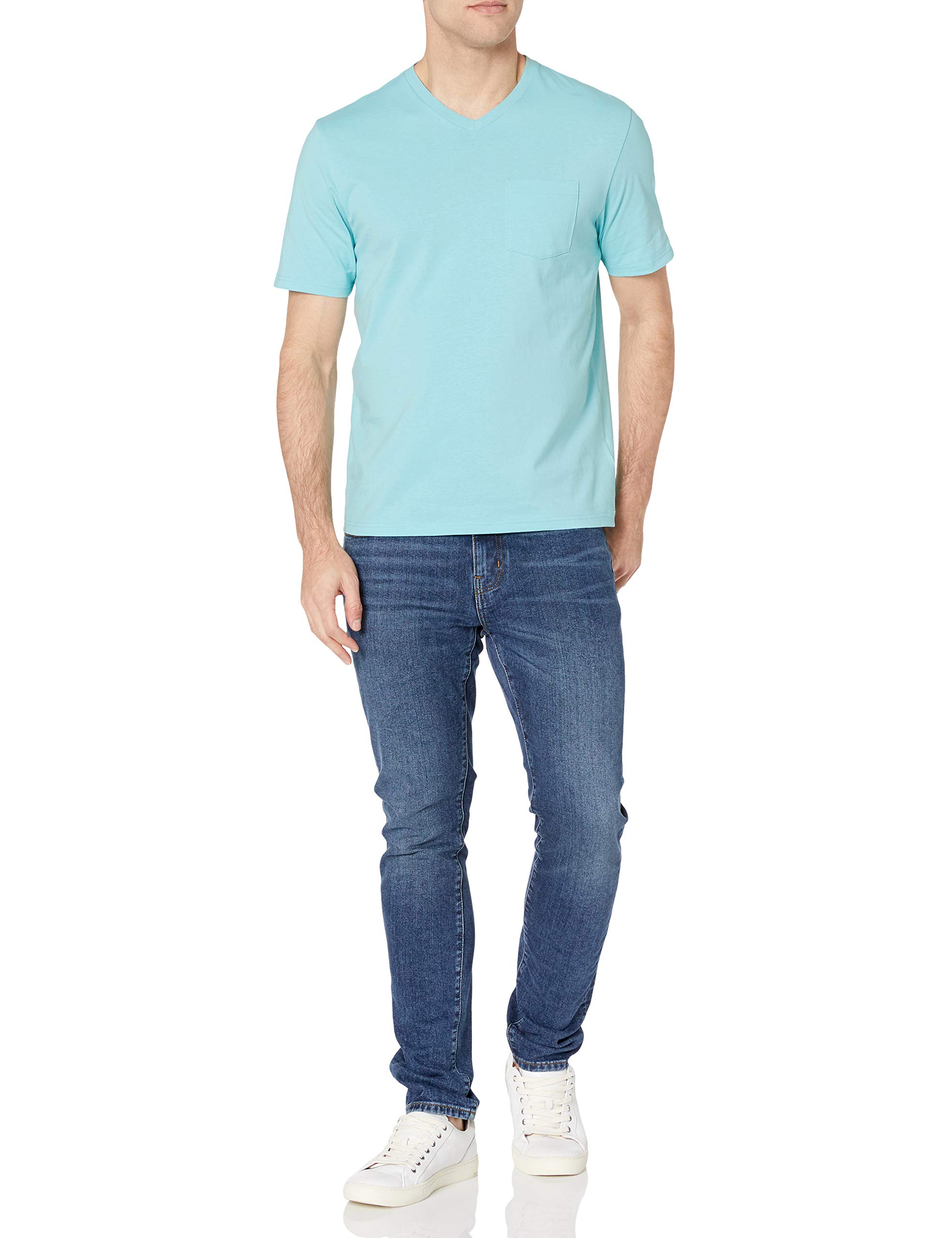 Amazon Essentials Men's Regular-Fit Short-Sleeve V-Neck Pocket T-Shirt, Pack of 2, Aqua Blue/White, Large