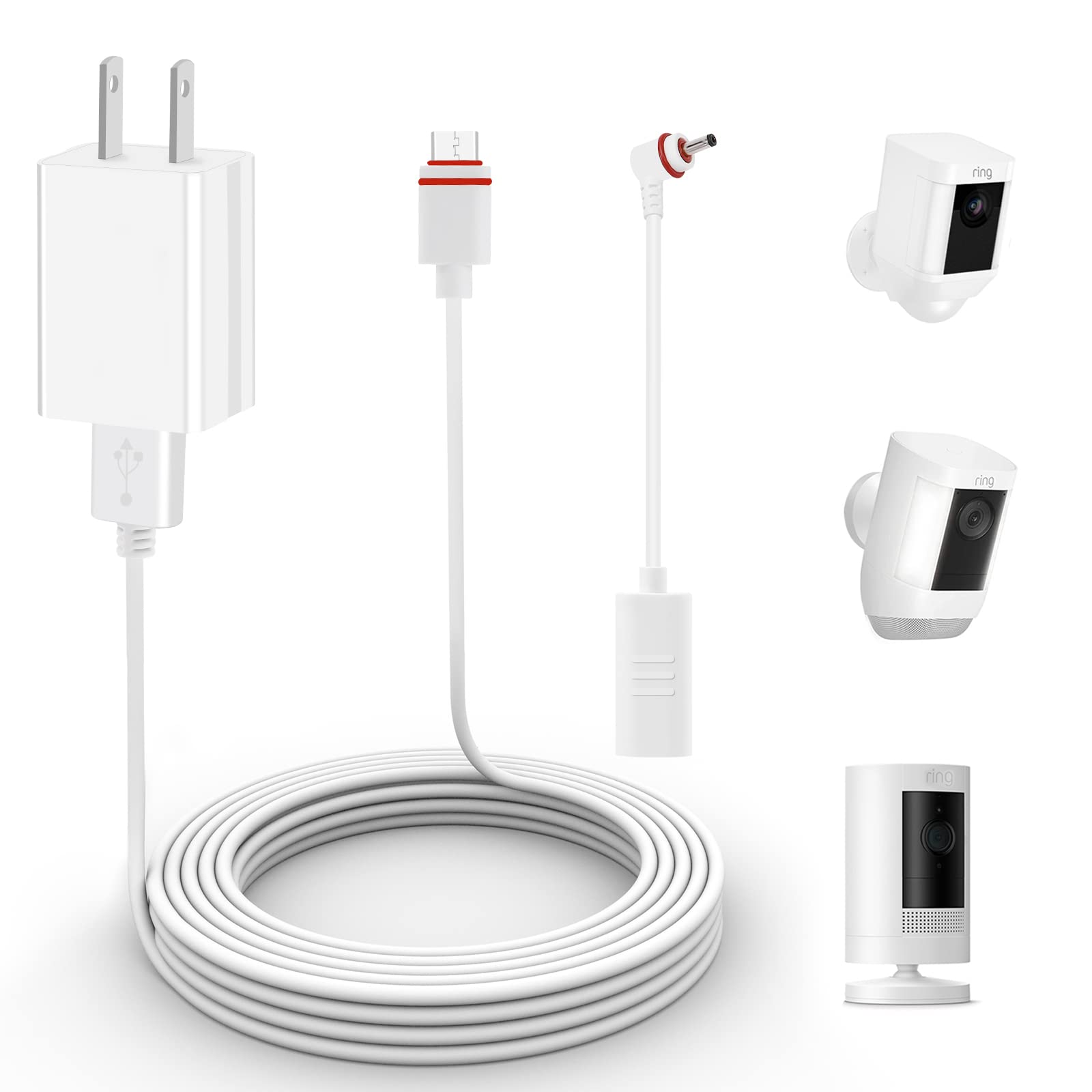 Awwndd Charger Cable for Ring Camera Battery, Compatible with Ring Stick Up Cam Battery, Ring Spotlight Cam Plus/Pro Battery, Including USB C Plug to Ring Barrel DC Plug Adapter, 16Ft/5m Power Cord