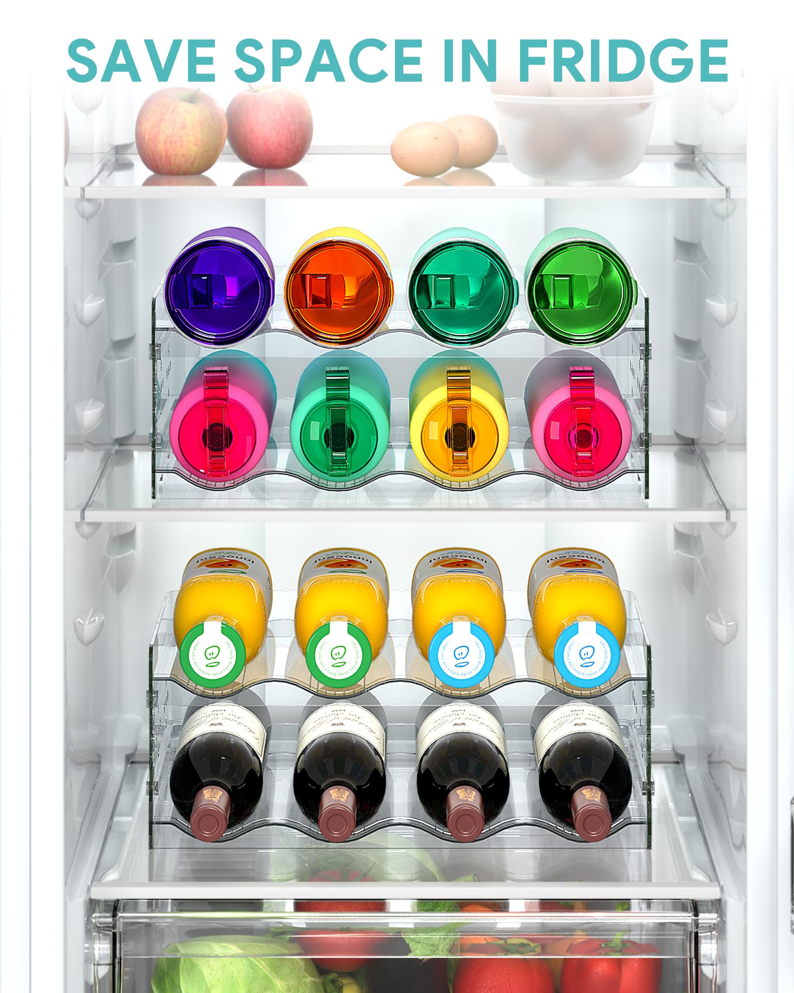 Areforic 4 Tier Water Bottle Organizer - 16 Bottle Stackable Holder for Tumblers, Cups, Wine Bottles - Free-Standing Kitchen Organization Shelf Rack for Cabinet, Countertop, Pantry, Clear Plastic