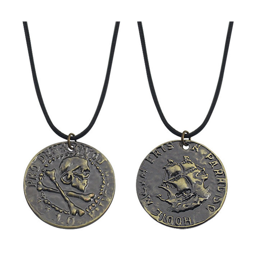 Antique Bronze Uncharted 4 Drake Engraved Skull Gold COIN Pendant Necklace,Black leather Chain