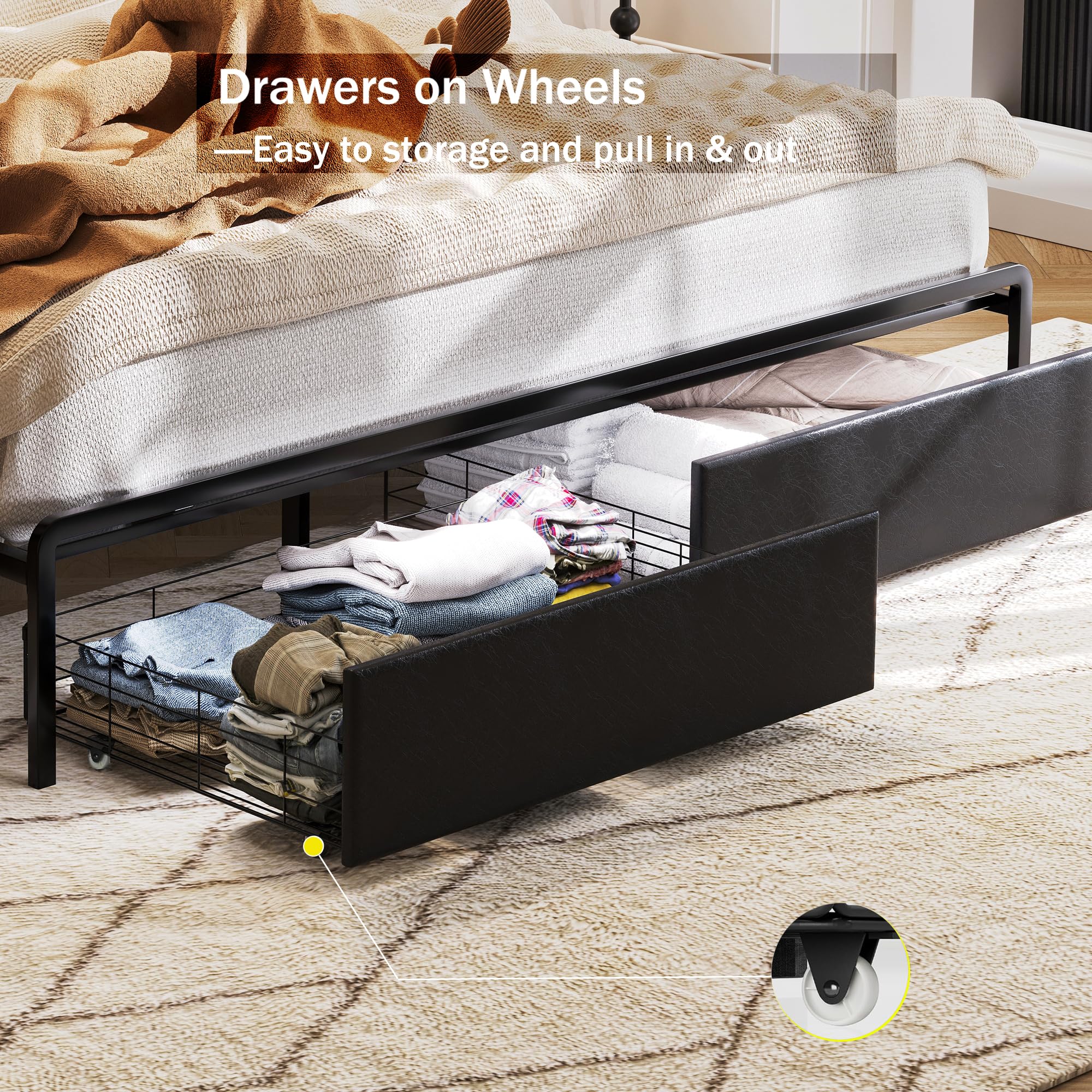 Ailisite King Size Bed Frame with Headboard and Storage Drawers, Black Upholstered Bed Frame King with Charging Station, Led King Platform Bed Frame Metal Bed Frame, No Box Spring Needed,Easy Assembly