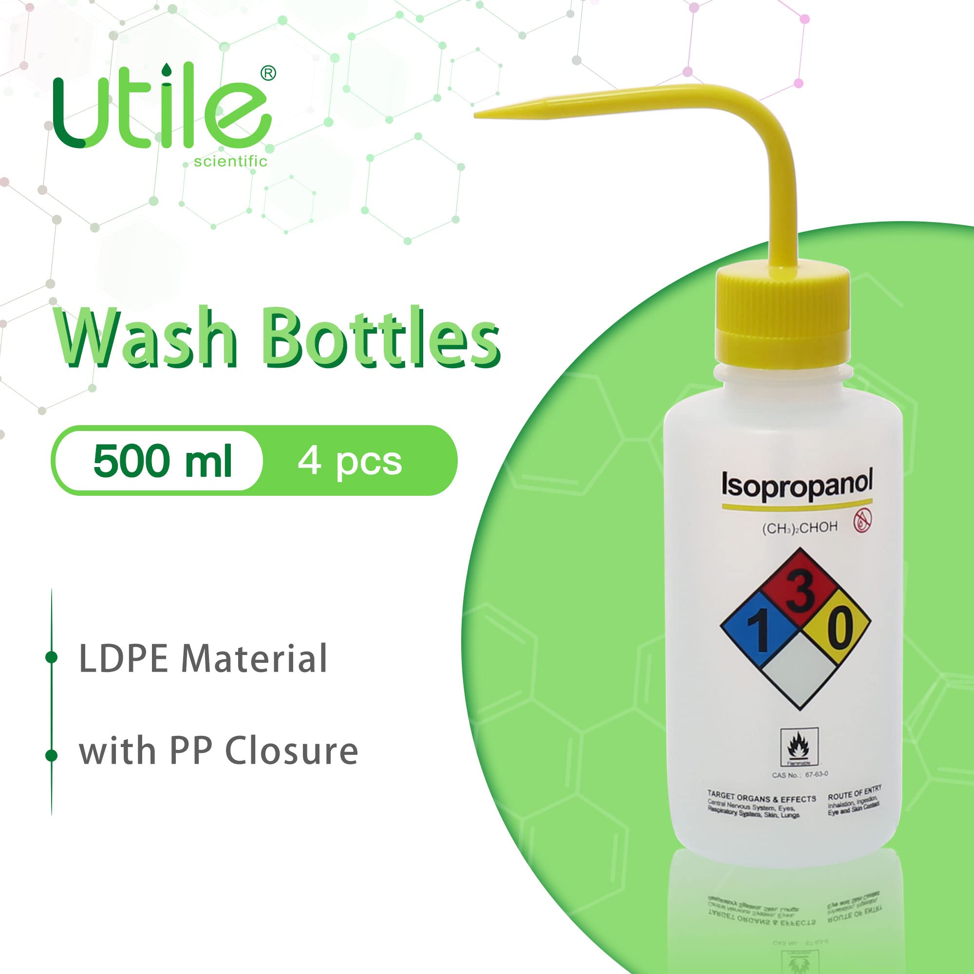 Utile Isopropanol Self-Venting Safety Wash Bottles, 4pcs of Vol.500ml, Narrow Mouth Squeeze Bottle, LDPE Material with PP Material Closure, 5511.0471.4