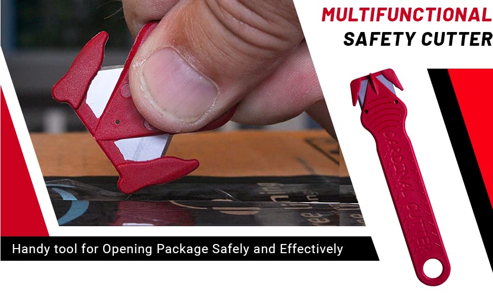 Cardinal Safety Box Cutter with Concealed Stainless Steel Blade, Package Opener Plastic Cutter for Box, Carton, Shrink Wrap, Plastic Straps (Red, Pack of 5)