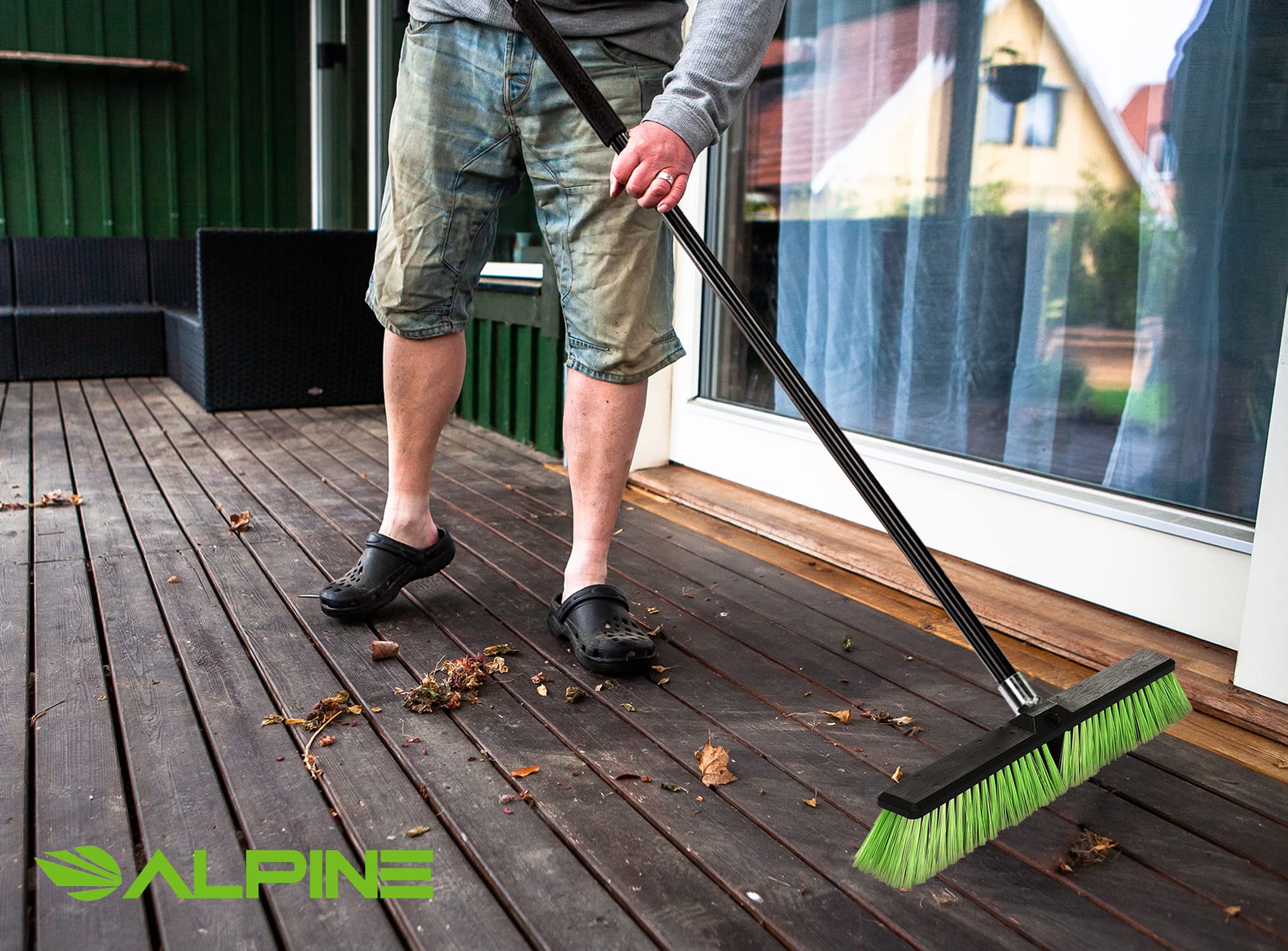 Alpine Industries Push Broom Heavy Duty Smooth Surface Broom Deck Scrubber Long Handle Commercial Floor Scrub Broom Cleans Dirt, Debris, Sand, Mud, Leaves and Water (Green, 24 in)