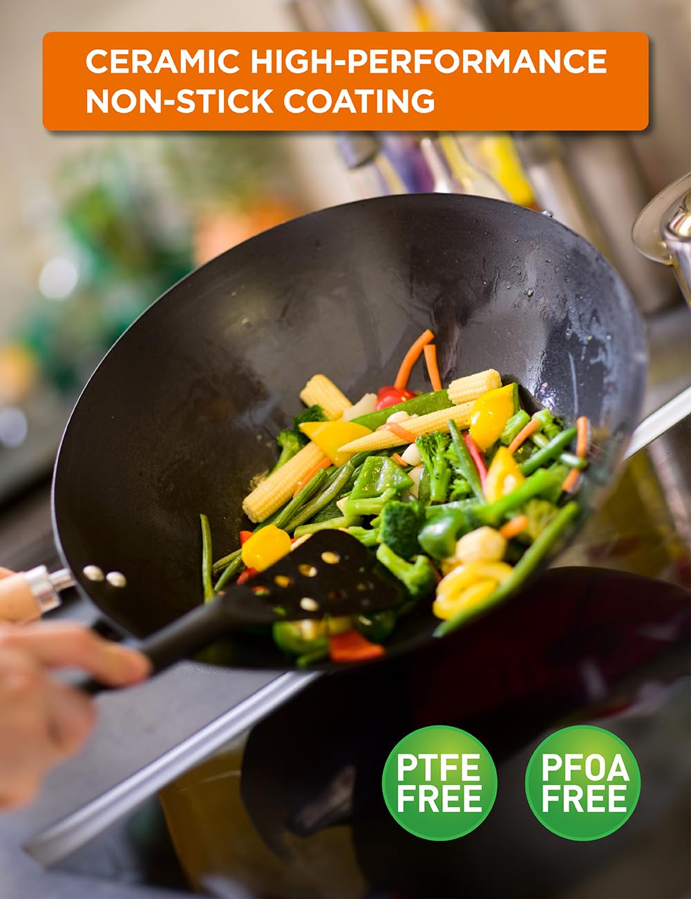 Commercial CHEF 12" Carbon Steel Wok with Acacia Wood Handle, Non Stick Stir Fry Pan with Ceramic Coating, Safe for Any Cooktop or Grill, Lighter and Cools Faster than Cast Iron