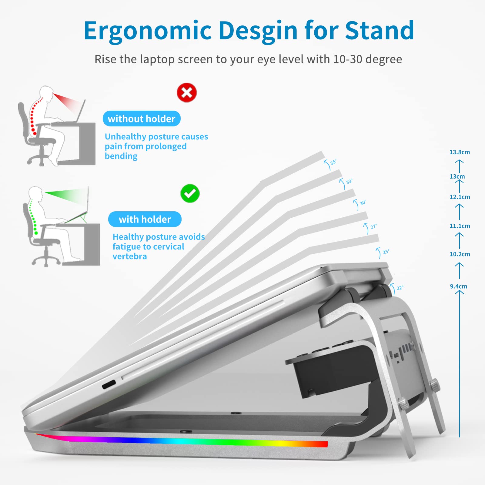 ARGB Lights Laptop Stand with USB C 8 in 1 HUB, Aluminum Laptops Computer Stand, HDMI, USB 3.0, USB 2.0, RJ45 Ethernet, SD, TF, Type C PD