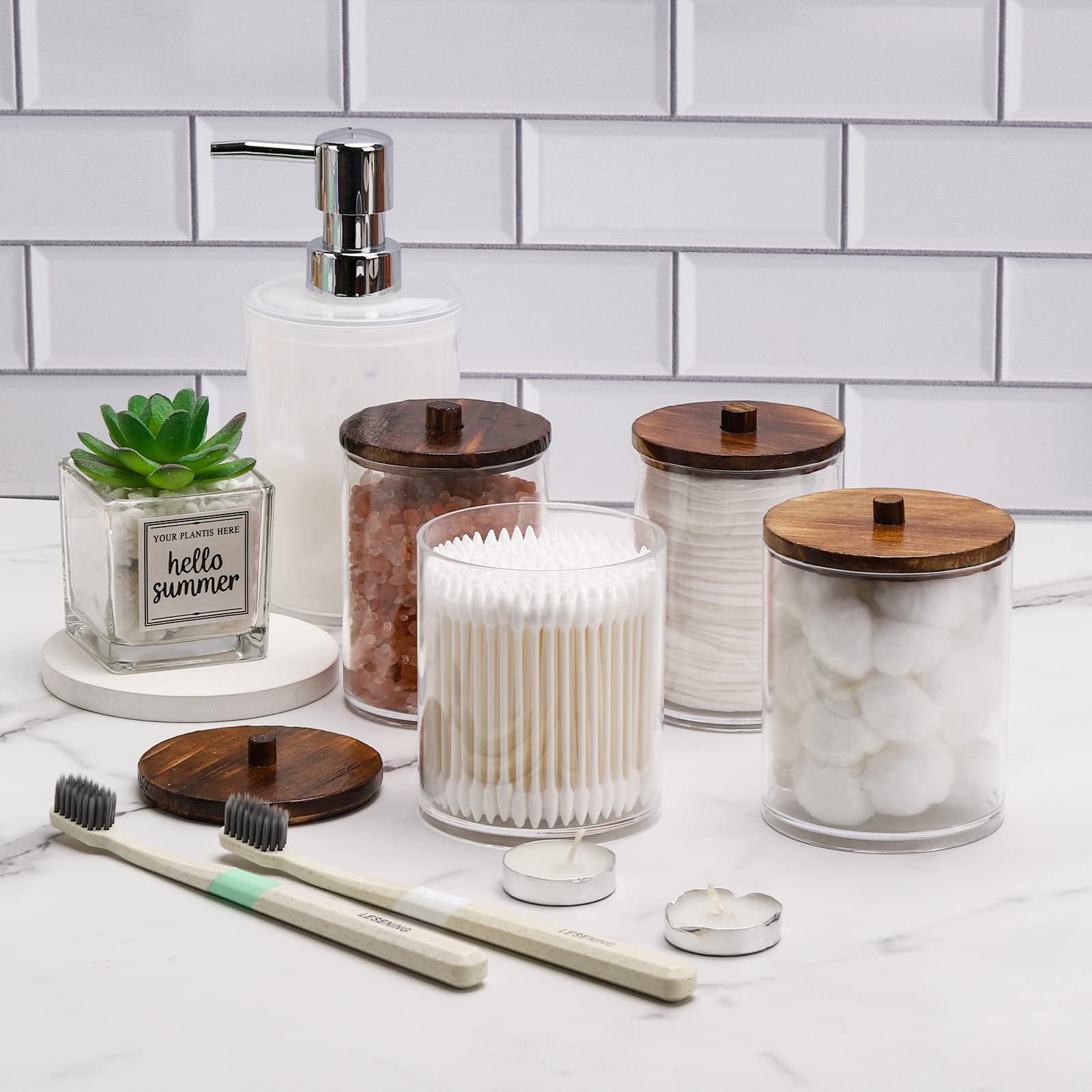 Tbestmax 6 Pack Qtip Holder - Clear Cotton Ball Cotton Swab Holder for Restroom Bathroom Organizers and Storage Containers, Plastic Apothecary Jars with Wood Lids