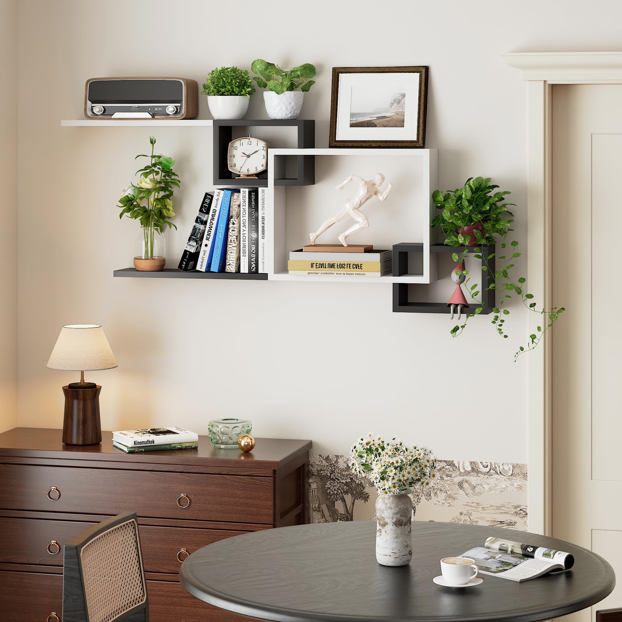 Black&White Intersecting Square Floating Shelves for Wall Decor Modern Decorative Cube Wall Shelves for Display Geometric Boxes Shelves Wall Decoration for Living Room,Dining Room,Bedroom,Home-Pine
