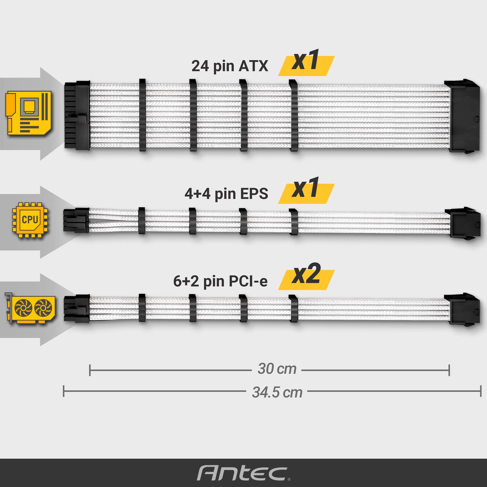Antec Power Supply Sleeved Cable /24pin ATX /4+4pin EPS /6+2pin PCI-E PSU Extension Cable Kit 30cm Length with Combs, White(11.8inch/30cm)
