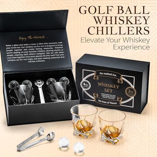 Aridon - Whiskey Set, 2-Piece Whiskey Glasses Set with 4 Whiskey Balls, Premium Twisted Whiskey Glass with Stones, Whiskey Stones Large Size, 1.57β Crystal-Clear Glass Whiskey Sphere Stone