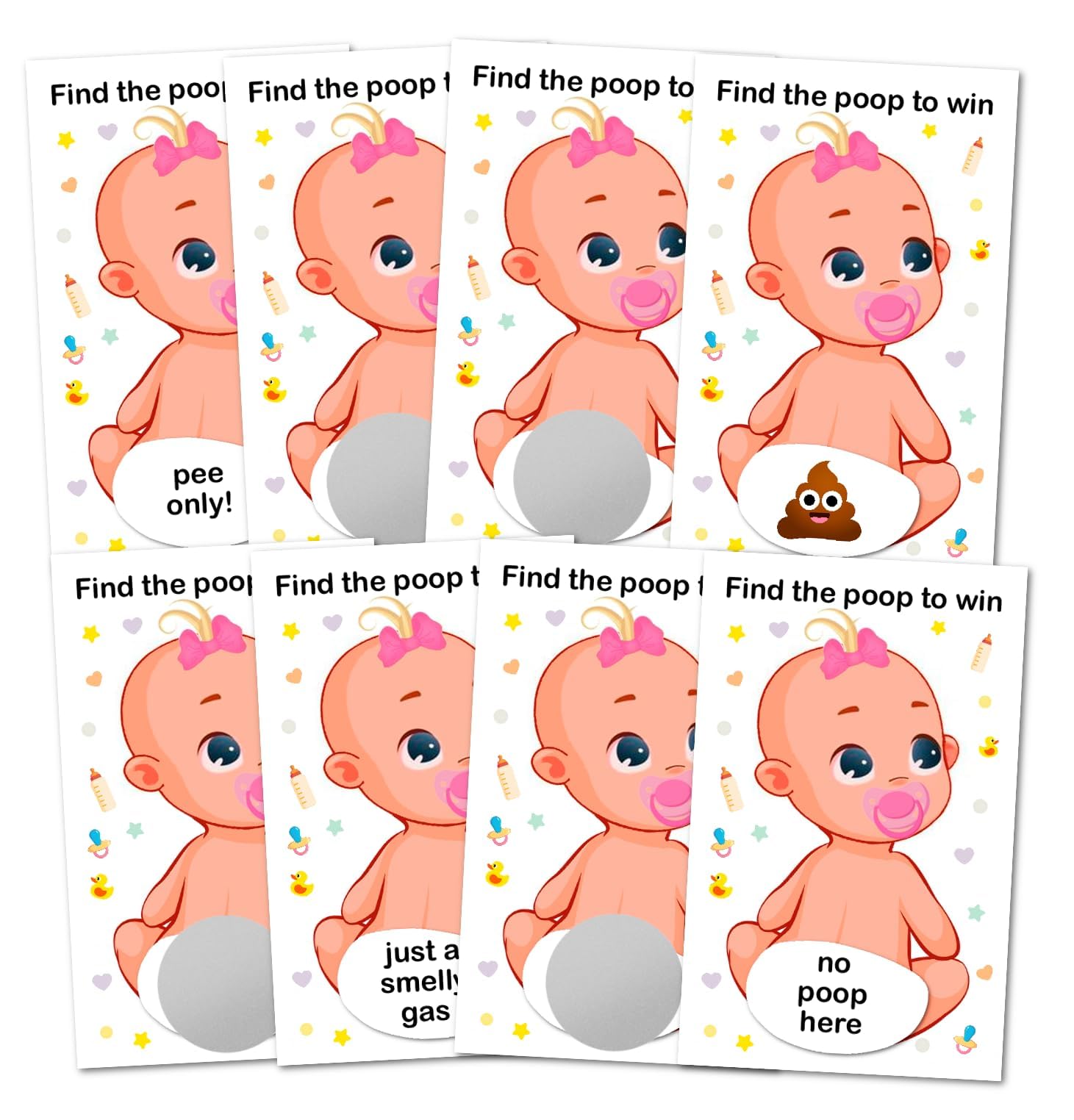 Baby Shower Girl Scratch Off Poop Game, Easy to Play Silly Games, Fun Idea, Ice Breaker Activity. Raffle Cards, Pink Pacifier, Set of 40 Cards Made in USA