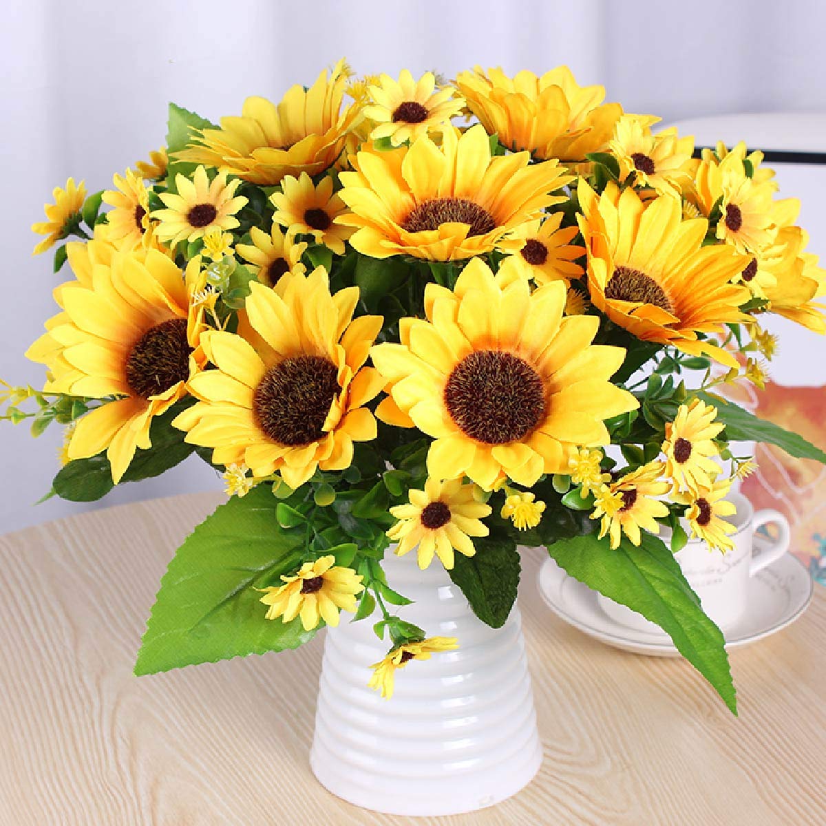 Artificial Sunflower 3 Bouquet | Artificial Flowers Silk Fake Faux Fall Yellow Bulk Flowers for Home Decorations Wedding Table Party Garden Decor