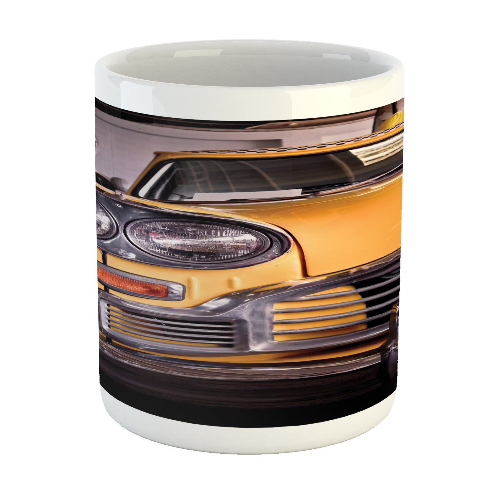 Ambesonne New York Mug, Picture of Antique Yellow Taxi Historic Element of Old NYC Nostalgia Vintage Cab, Printed Ceramic Coffee Mug Water Tea Drinks Cup, Yellow Grey