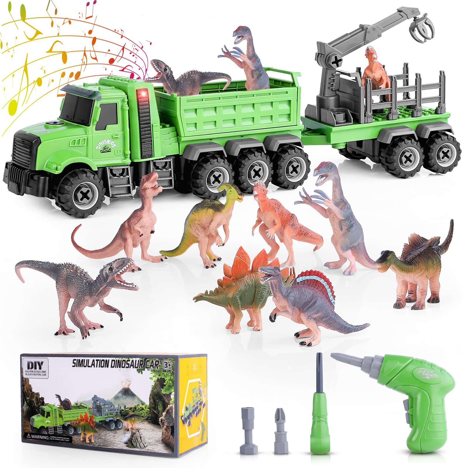 FANURY Dinosaur Toys Truck with Lights Sounds for Kids, 8 Dinosaurs & Electric Drill, Take Apart Truck Building Toys, Dino Transport Cars Playset Toys Gifts for 3 4 5 6 7 8 Year Old Boys Girls
