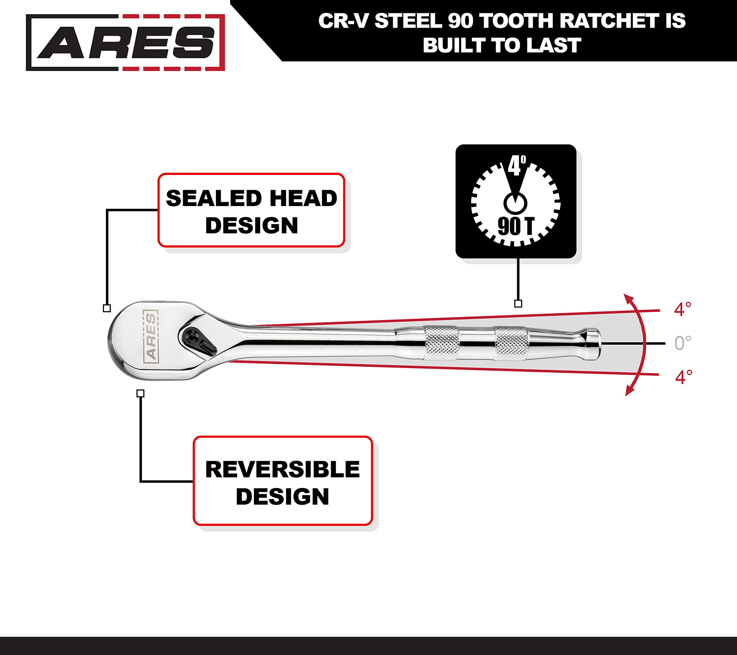 ARES 42000-3-Piece 90-Tooth Full Polish Ratchet Set - Chrome Vanadium Steel Construction & Chrome Plated Finish - Reversible Design - 4 Degree Swing - Ratcheting Tool Set