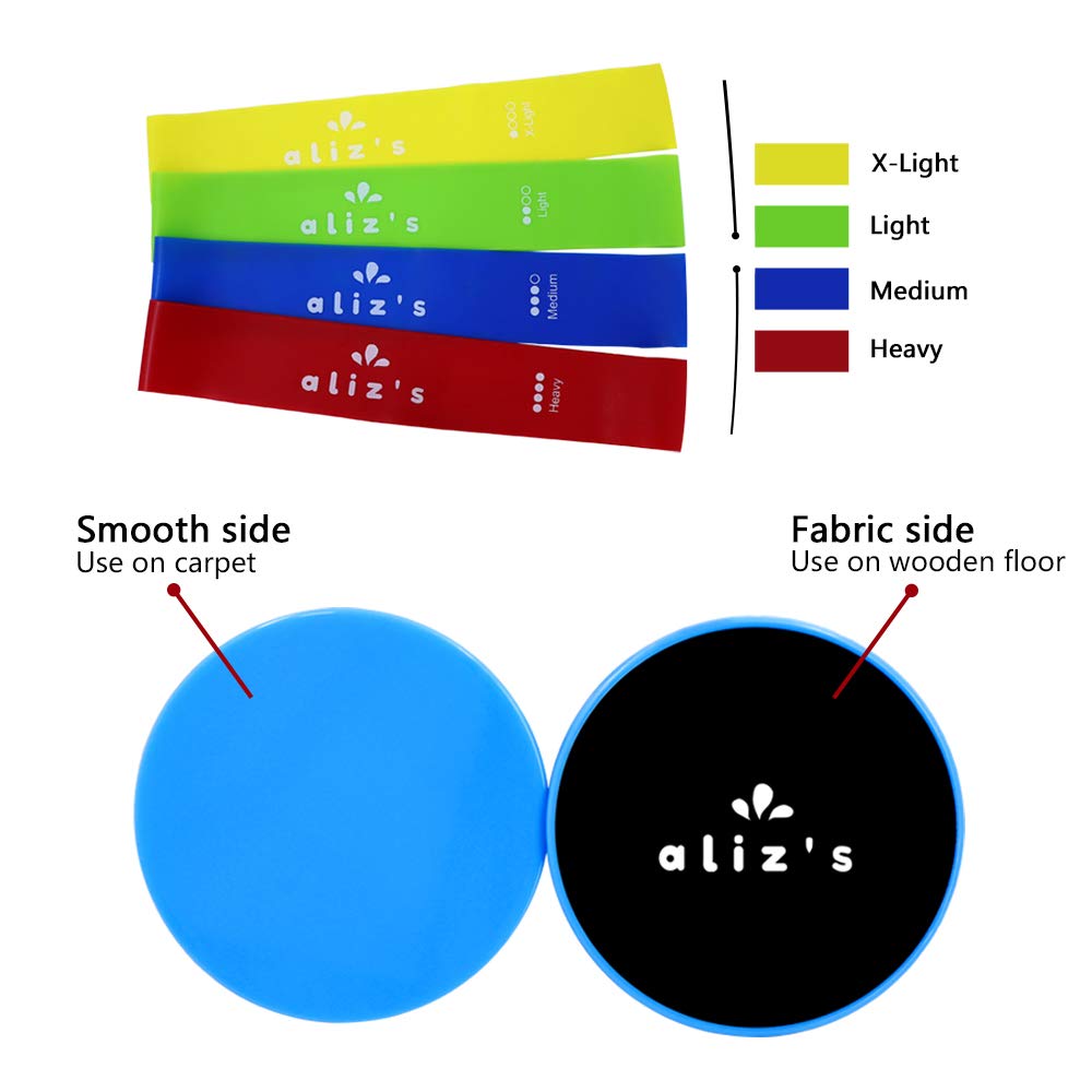 Aliz's Core sliders - Strength slides - Gliding discs - Ab gliders (pack of 2) and Resistance Bands (pack of 4)-UPGRADED - User Guide and Carry Bag Included