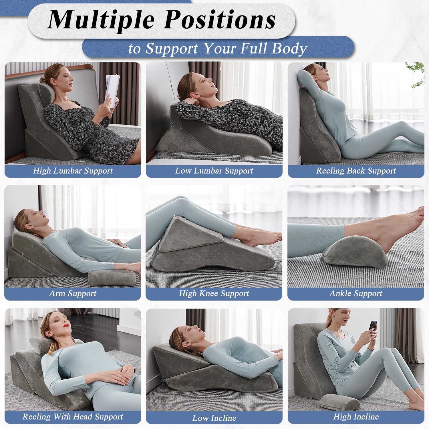 Axelrod 6PCS Orthopedic Bed Wedge Pillow Set, Post Surgery Foam for Back and Leg Pain Relief Comfortable & Adjustable Ortho Pillows- Anti Snoring, Heartburn, Acid Reflux & GERD Sleeping White Grey