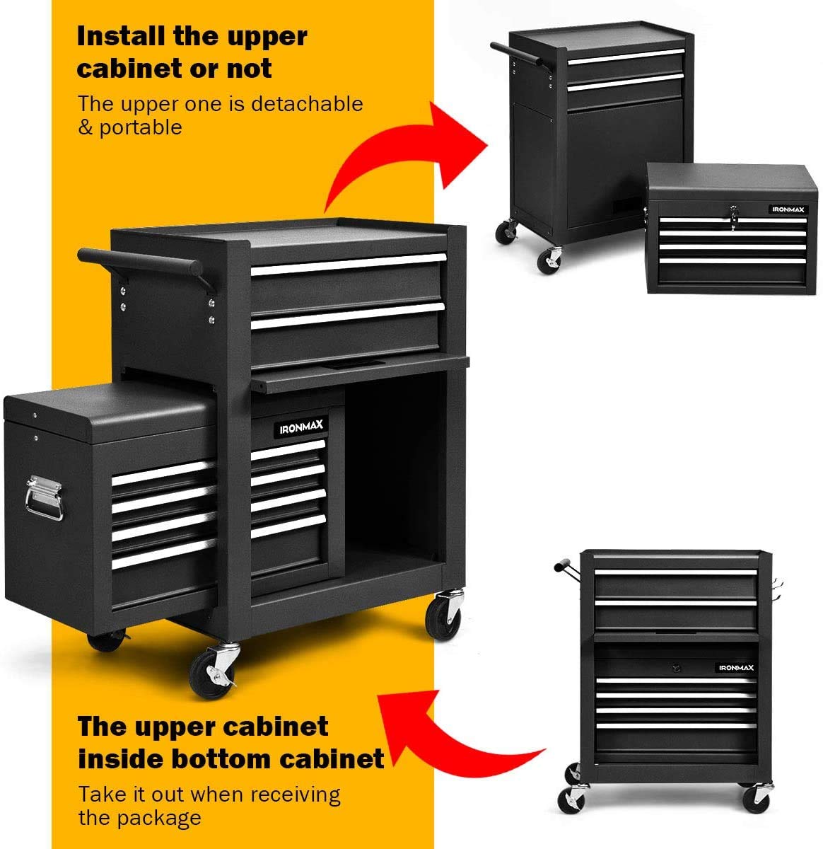ARLIME 6-Drawer Rolling Tool Chest, Tool Storage Cabinet W/ Sliding Drawers, Detachable Top Box & Locking System, Removable Toolbox Organizer for Garage & Warehouse (Black)